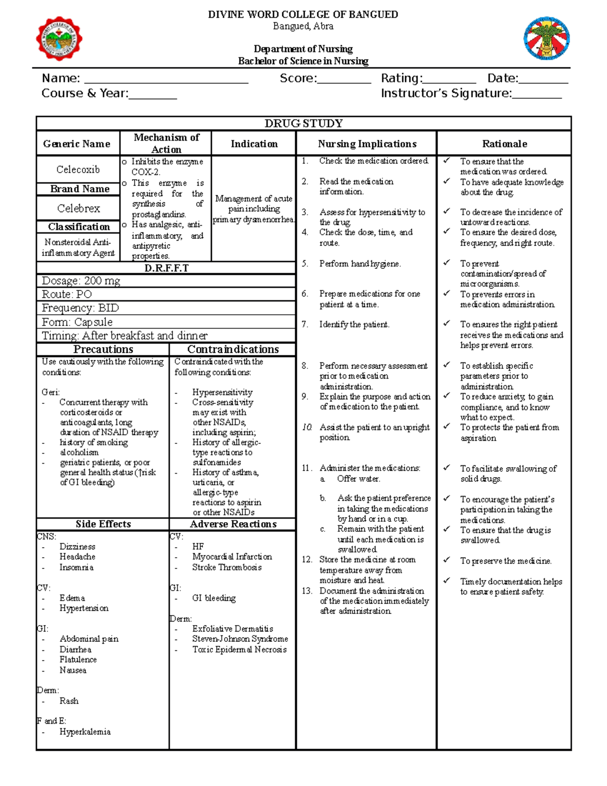 Celecoxib OS - cele drug study - Name: Score: Rating: Date: Course ...