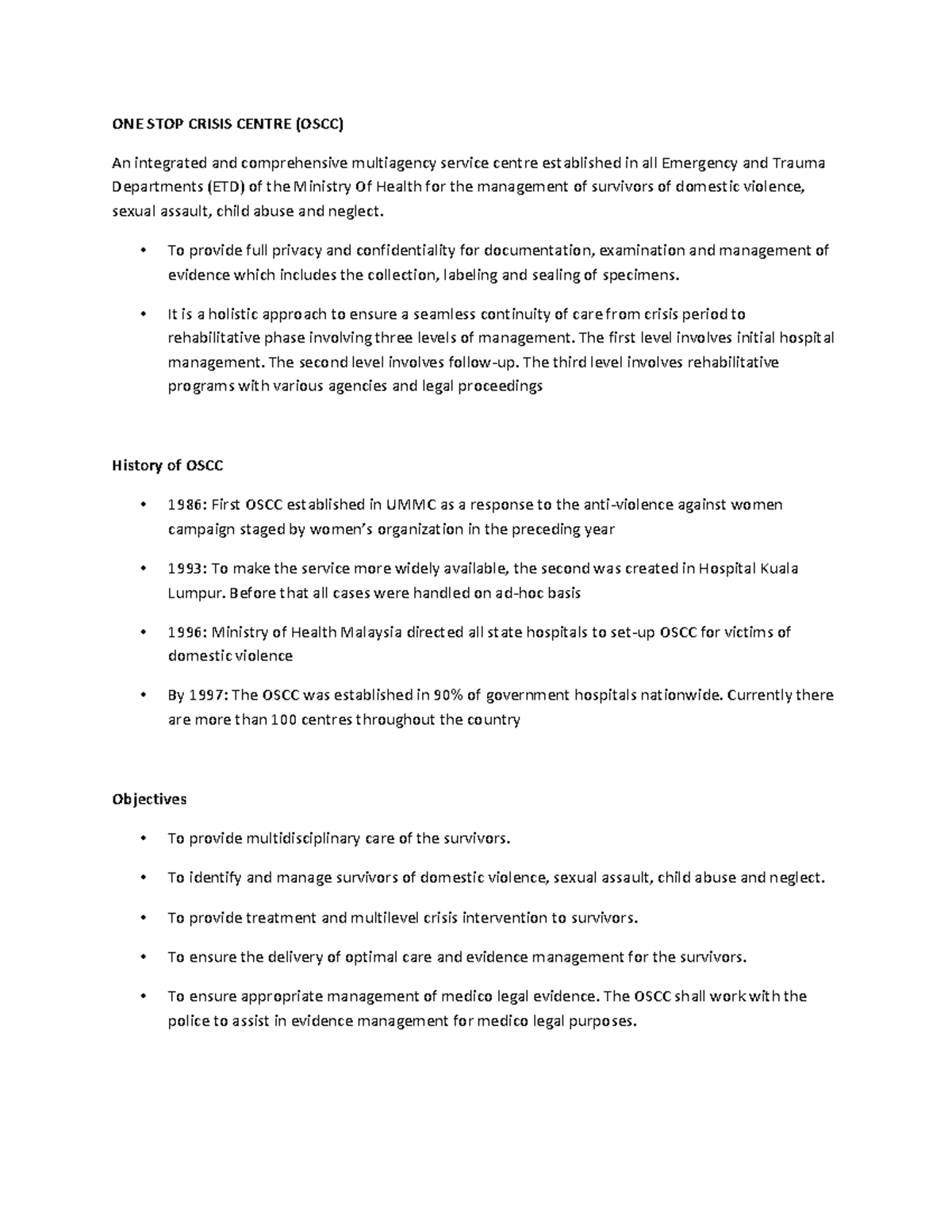 OSCC - management in ED - ONE STOP CRISIS CENTRE (OSCC) An integrated ...