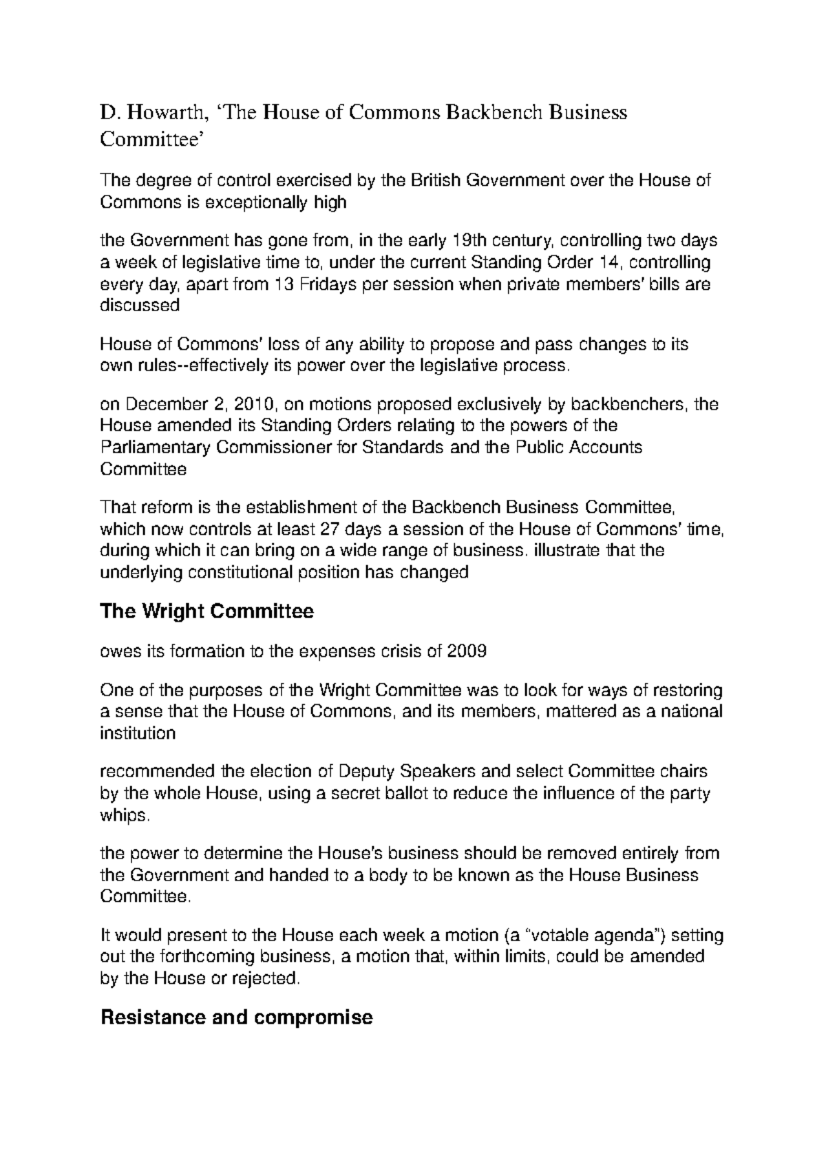 Back bench committe - Lecture notes 4 - D. Howarth, ‘The House of ...