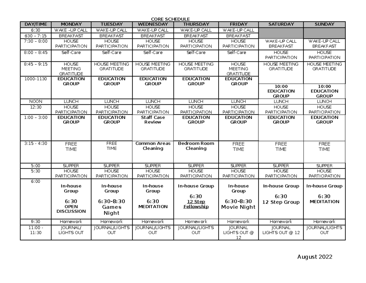 Core schedule - revised aug 23 2022(1) - CORE SCHEDULE DAY/TIME MONDAY ...