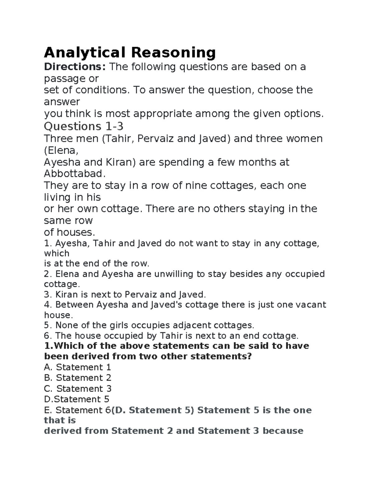 Quation - aptitude exam - Analytical Reasoning Directions: The ...