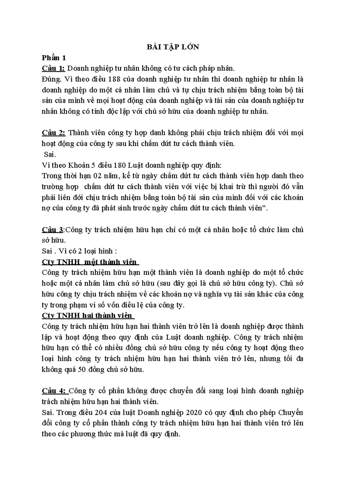Baitaplon-luatkinhdoanh - BÀI TẬP LỚN Phần 1 Câu 1: Doanh nghiệp tư nhân không có tư cách pháp ...