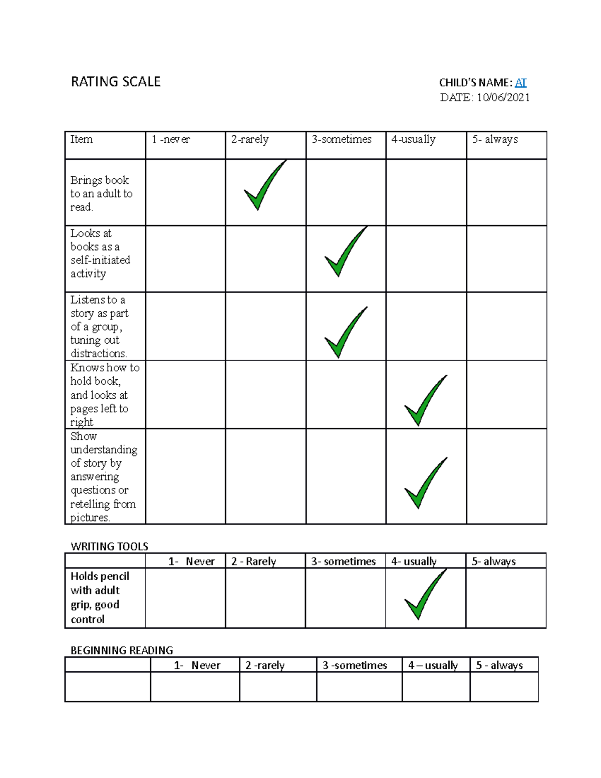 Rating Scale OBS 3 - RATING SCALE CHILD’S NAME: AT DATE: 10/06/ Item 1 ...