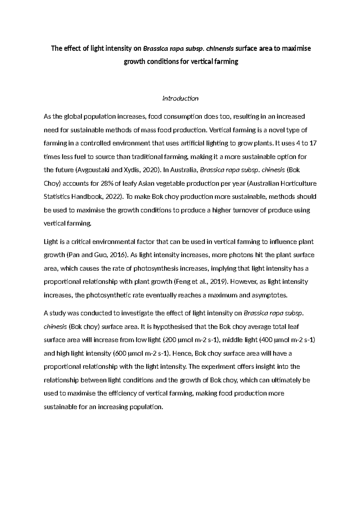 Leaf assignment - The effect of light intensity on Brassica rapa subsp ...