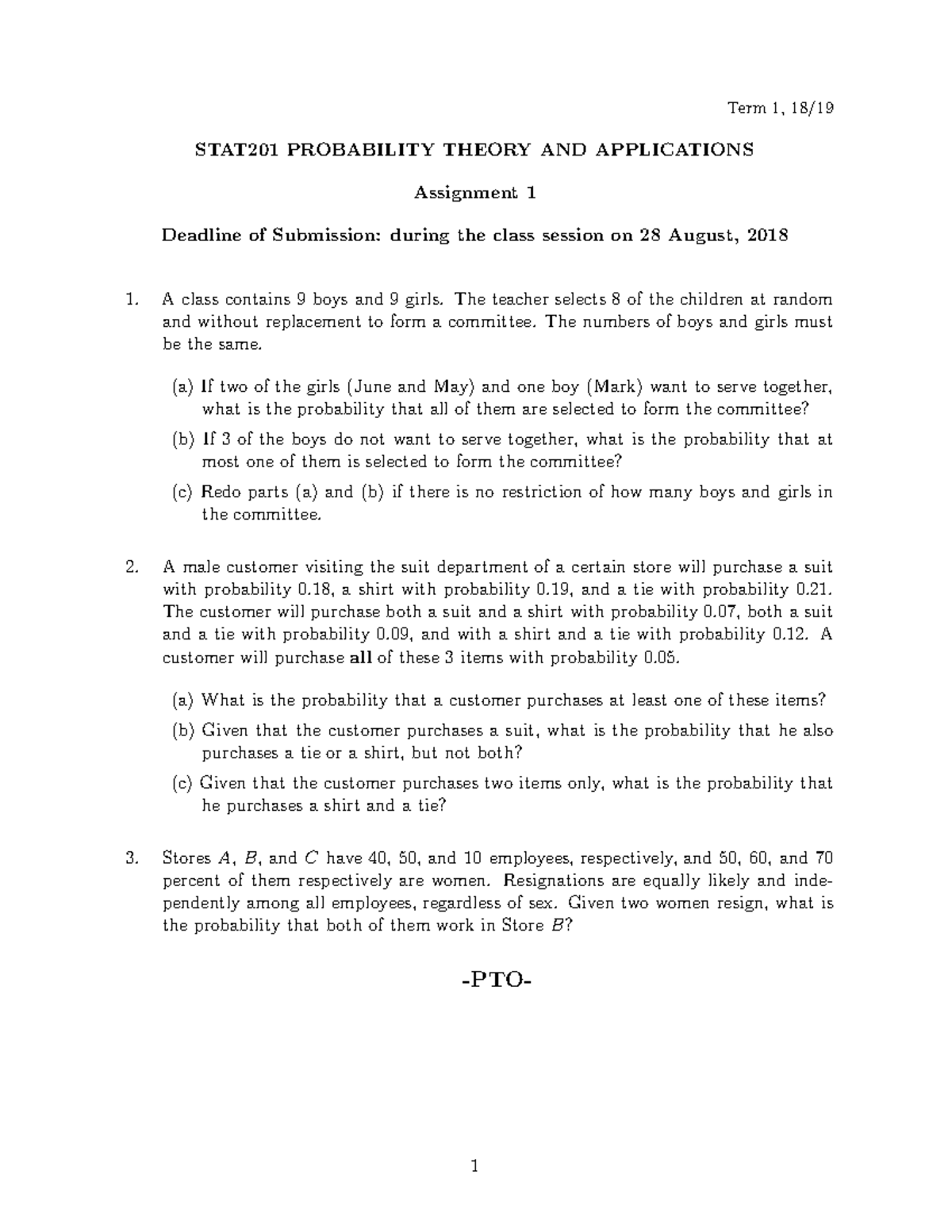 Assignment 1 - Question - Term 1, 18/ STAT201 PROBABILITY THEORY AND APPLICATIONS Assignment 1 ...