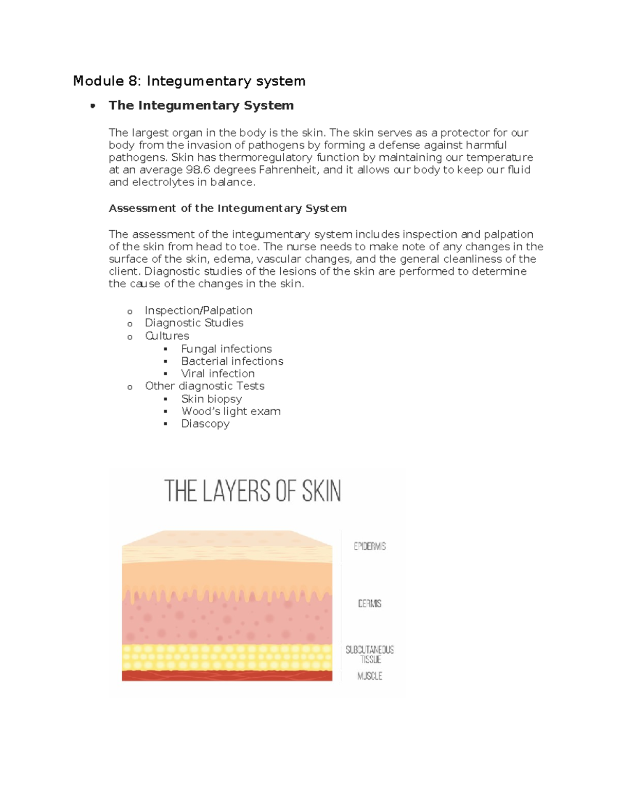 Module 8-10 Learning outlines - Module 8: Integumentary system The ...
