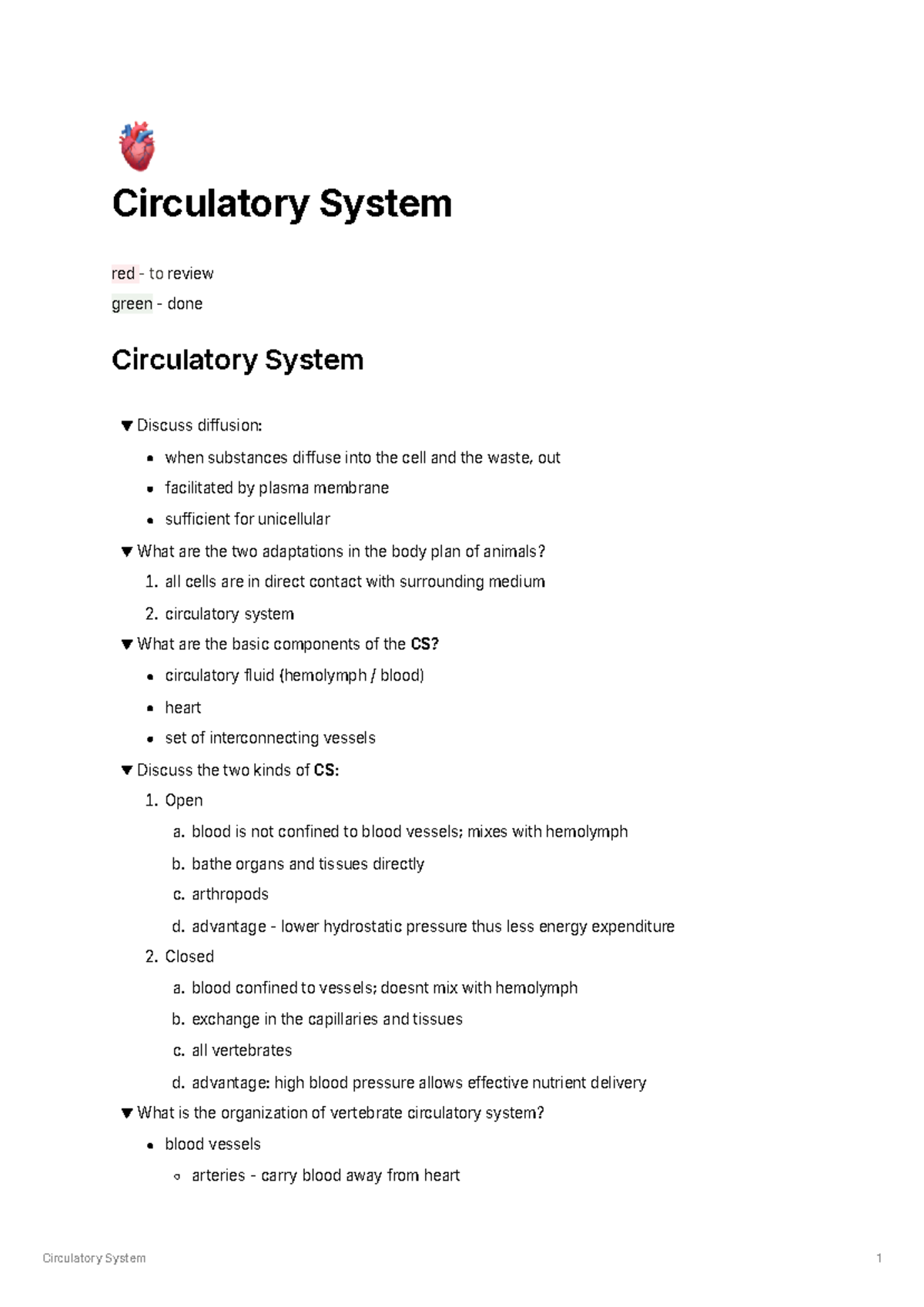 Circulatory System - 🫀 Circulatory System red - to review green - done ...