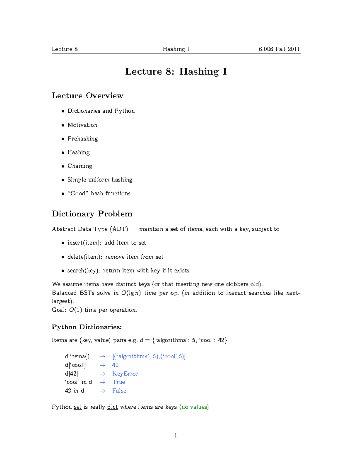 Lecture 8 with examples - Lecture 8: Hashing I Lecture Overview ...