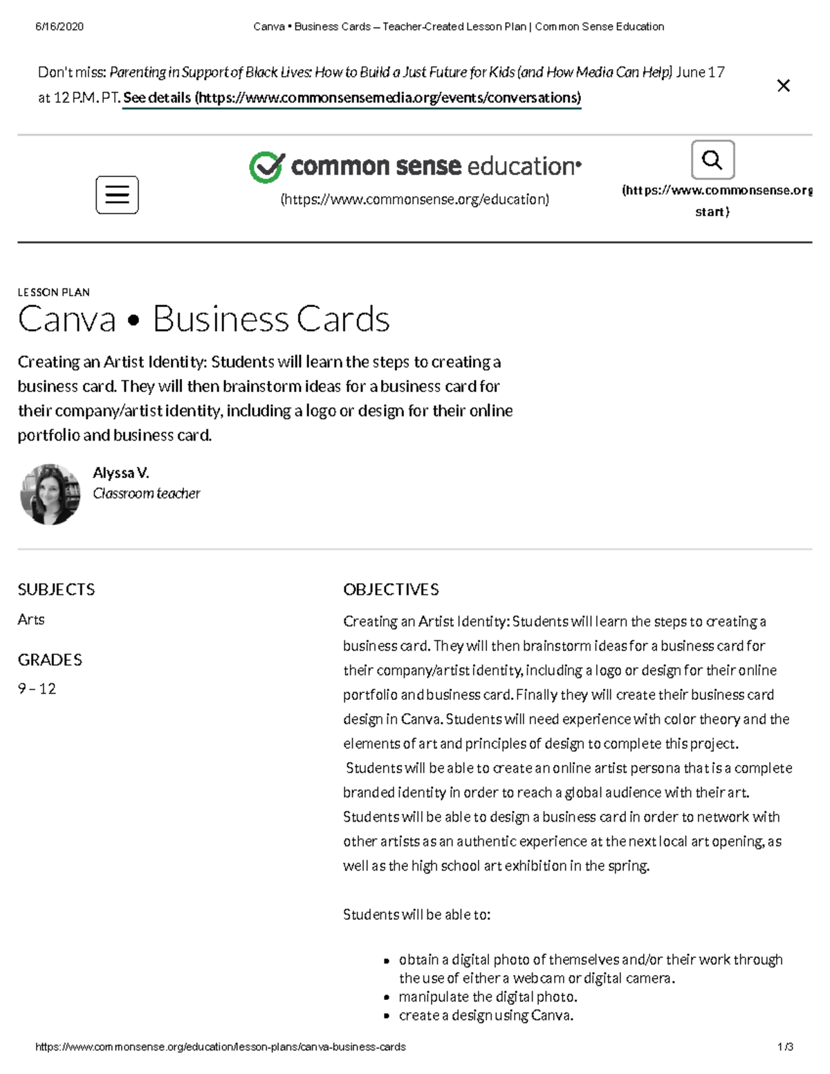 Canva • Business Cards – Teacher-Created Lesson Plan Common Sense ...