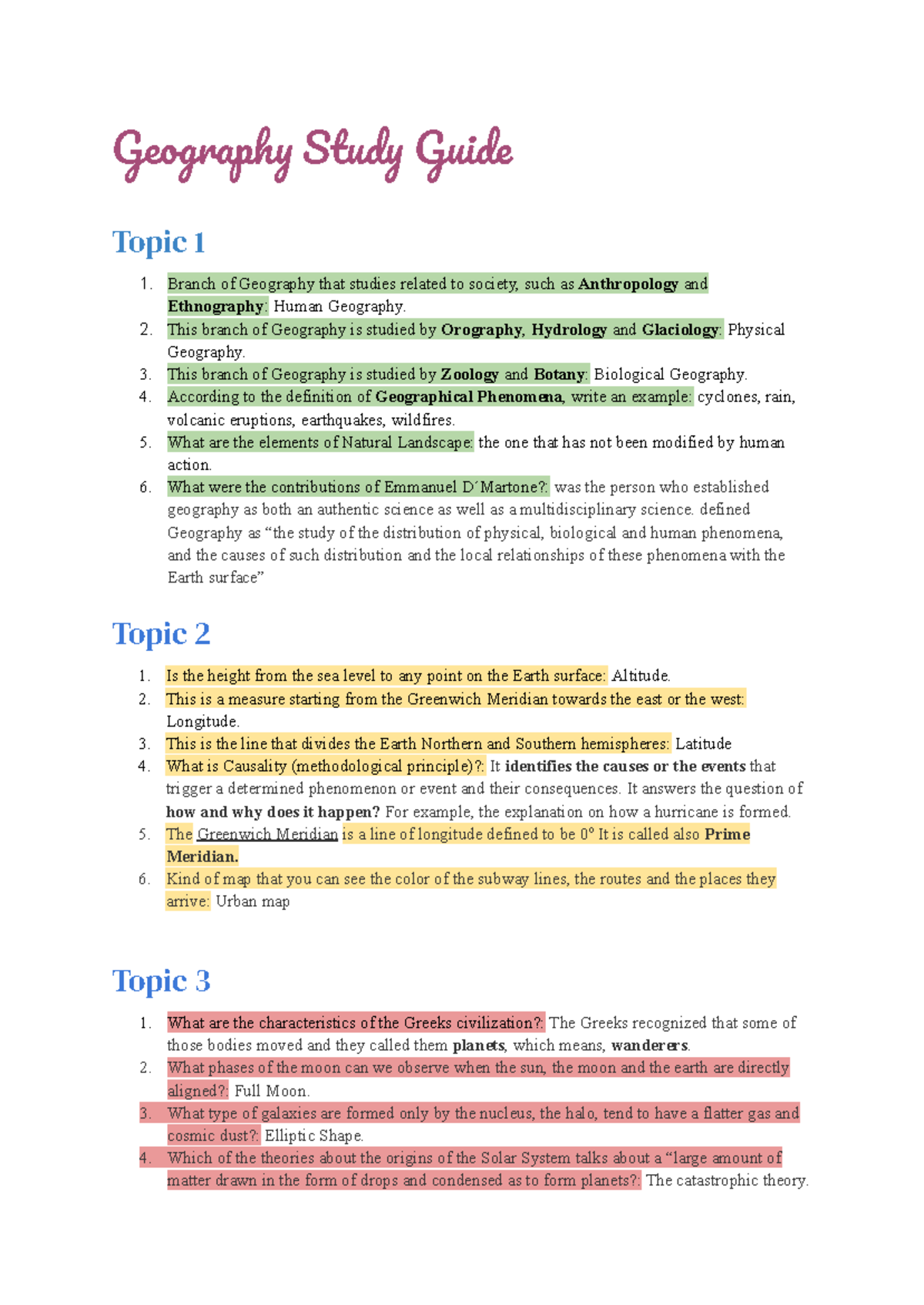 Geography Study Guide - Geograph Stud Guid Topic 1 Branch of Geography ...