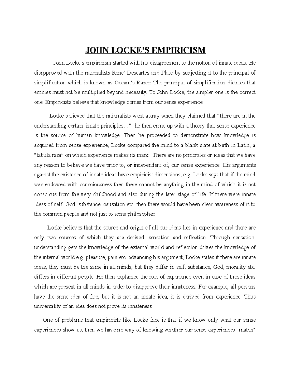 Philosopshy - John Loke's empiricism - JOHN LOCKE’S EMPIRICISM John ...