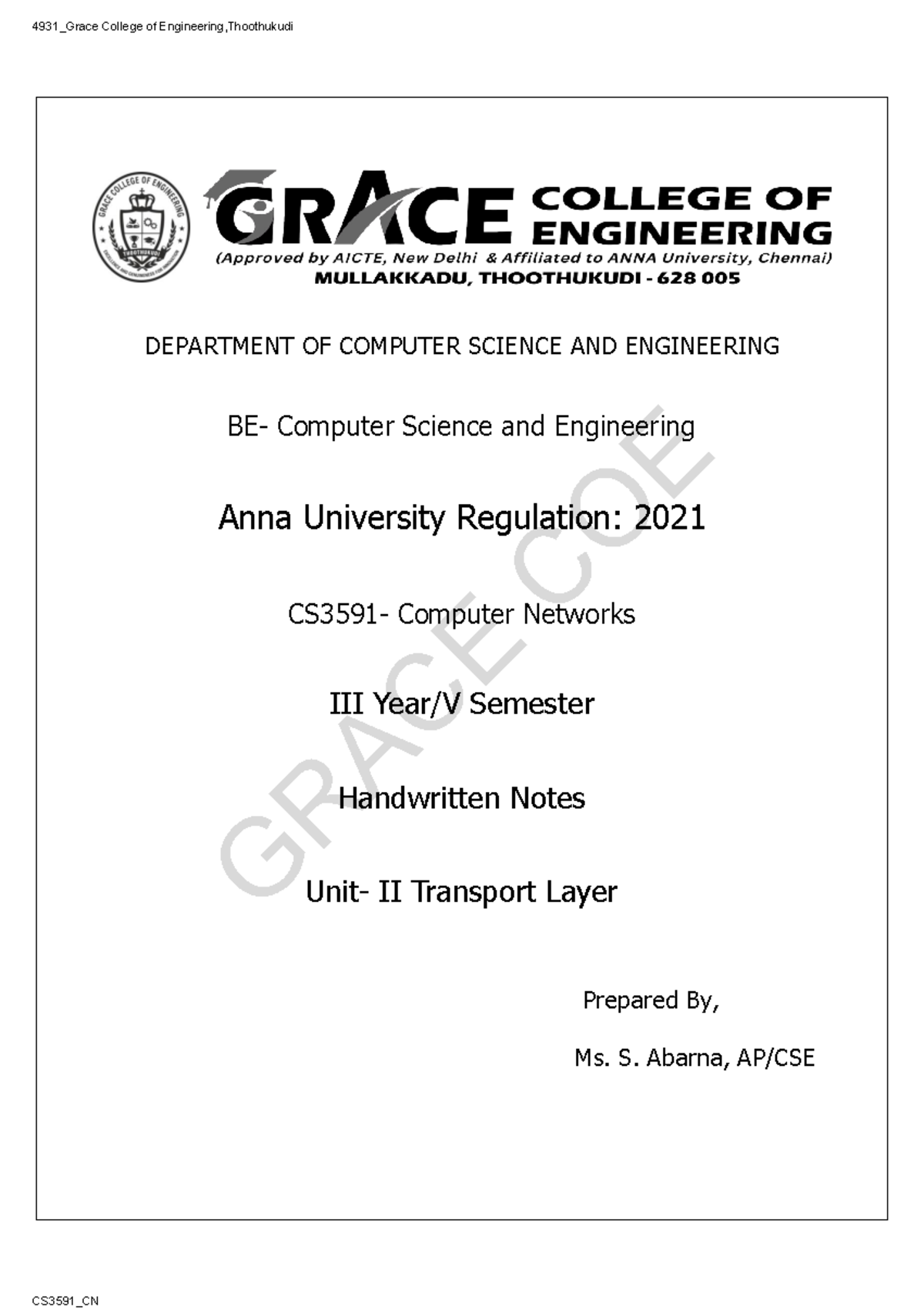 V CSE CS3591 CN Unit2 - Hand written notes - Computer Networks ...