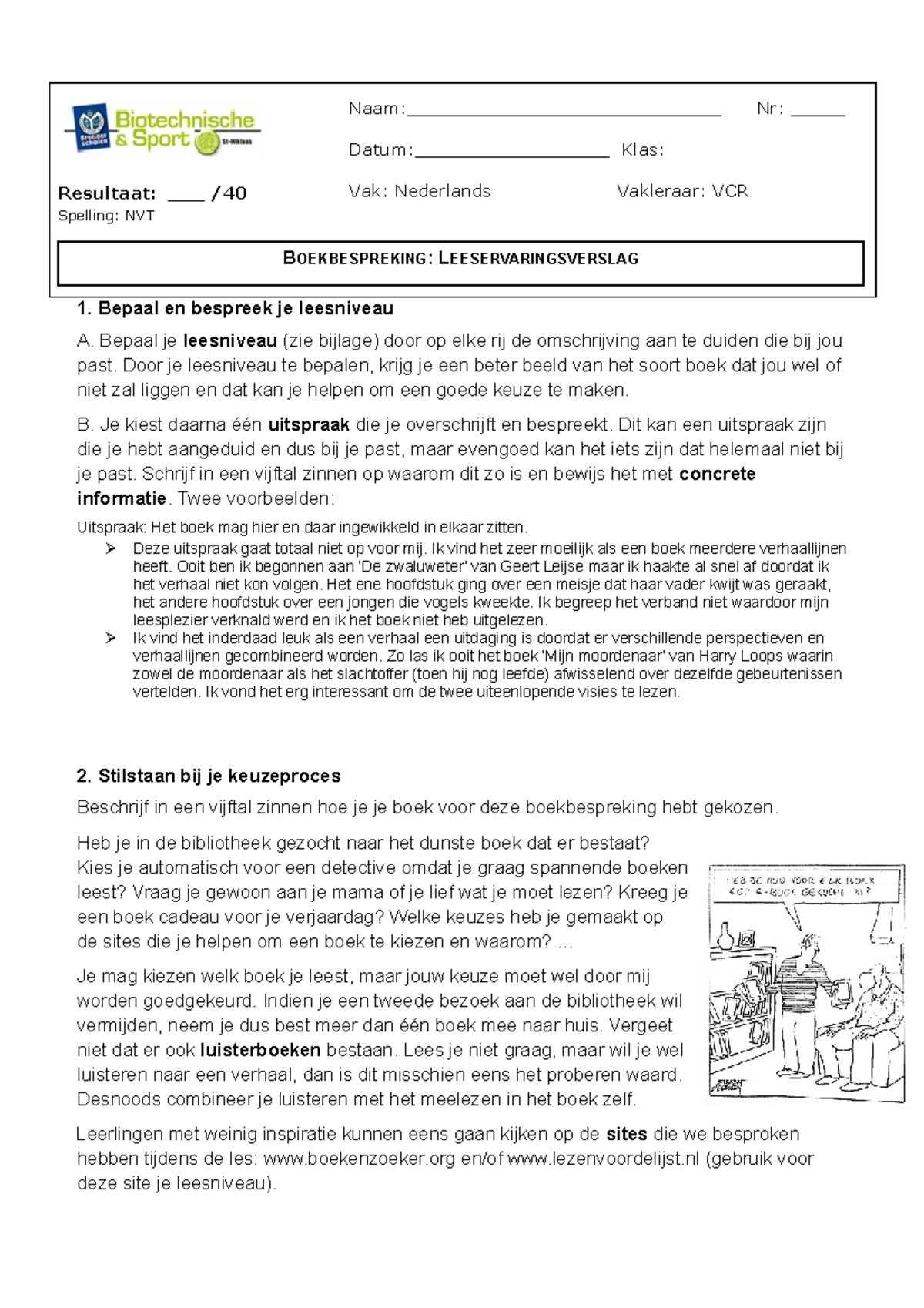 Boekbespreking leeservaringsverslag 2022 - Resultaat: ___ / Spelling ...