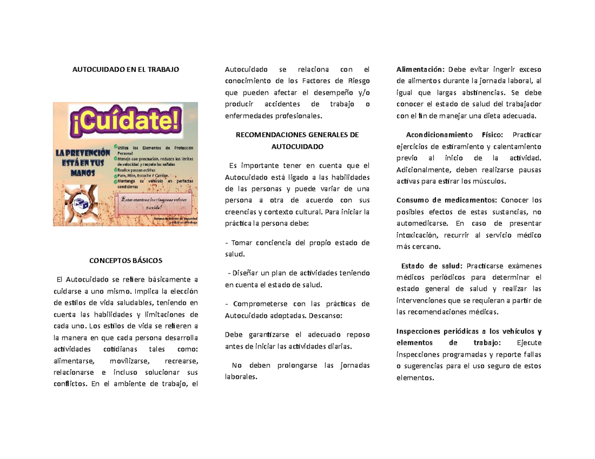 Folleto De Autocuidado Autocuidado En El Trabajo Conceptos BÁsicos El