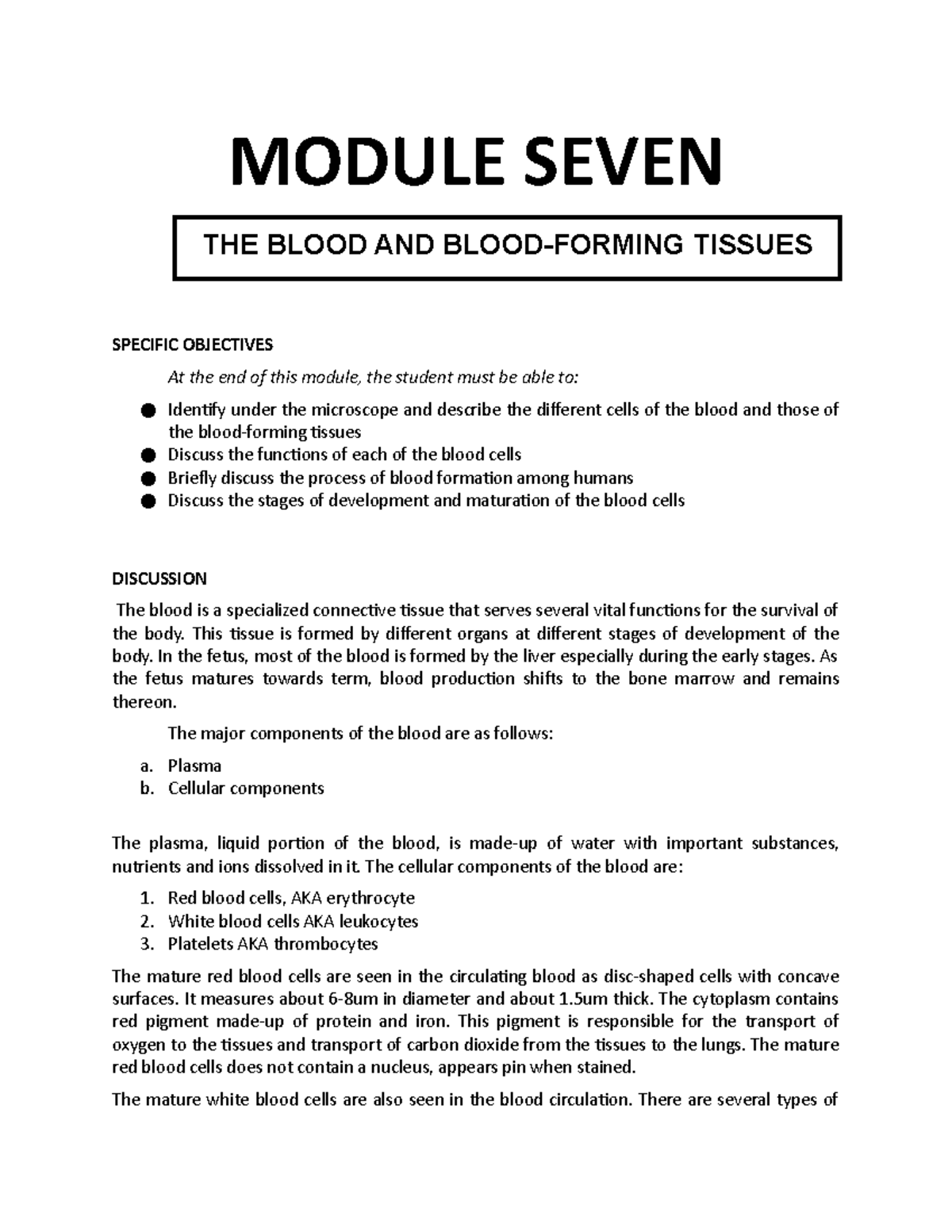 Blood and Blood Forming Tissues Summaries - MODULE SEVEN SPECIFIC ...