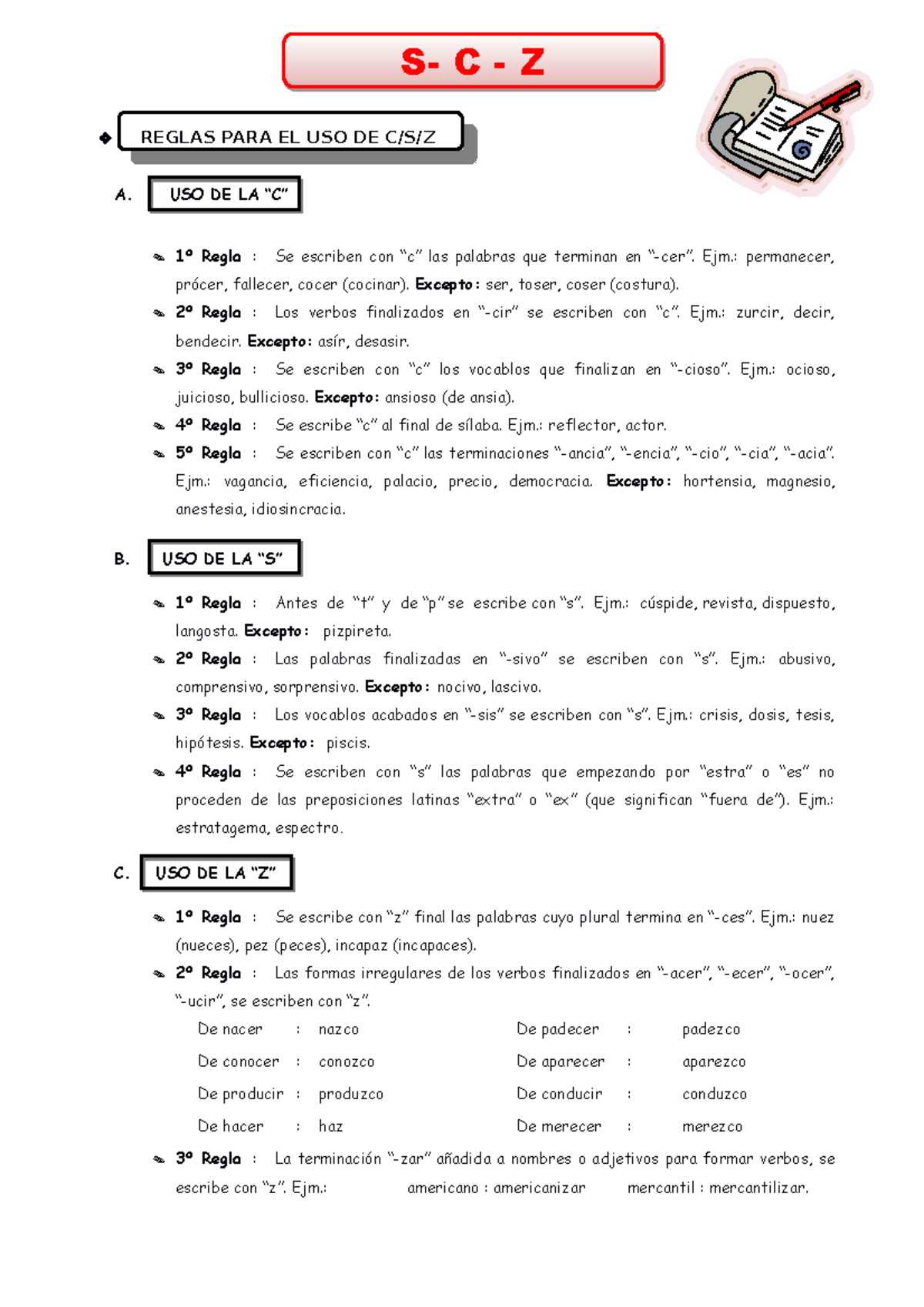 USO DE LA C,S, Z - Reglas sobre el uso de C,S, Z CON EJERCICIOS PARA PRACTICAR - REGLAS PARA EL ...