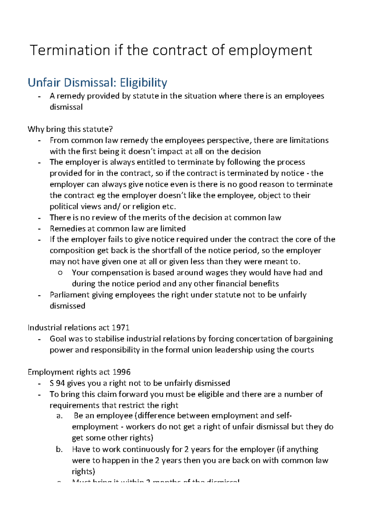 Termination if the contract of employment - Unfair Dismissal ...