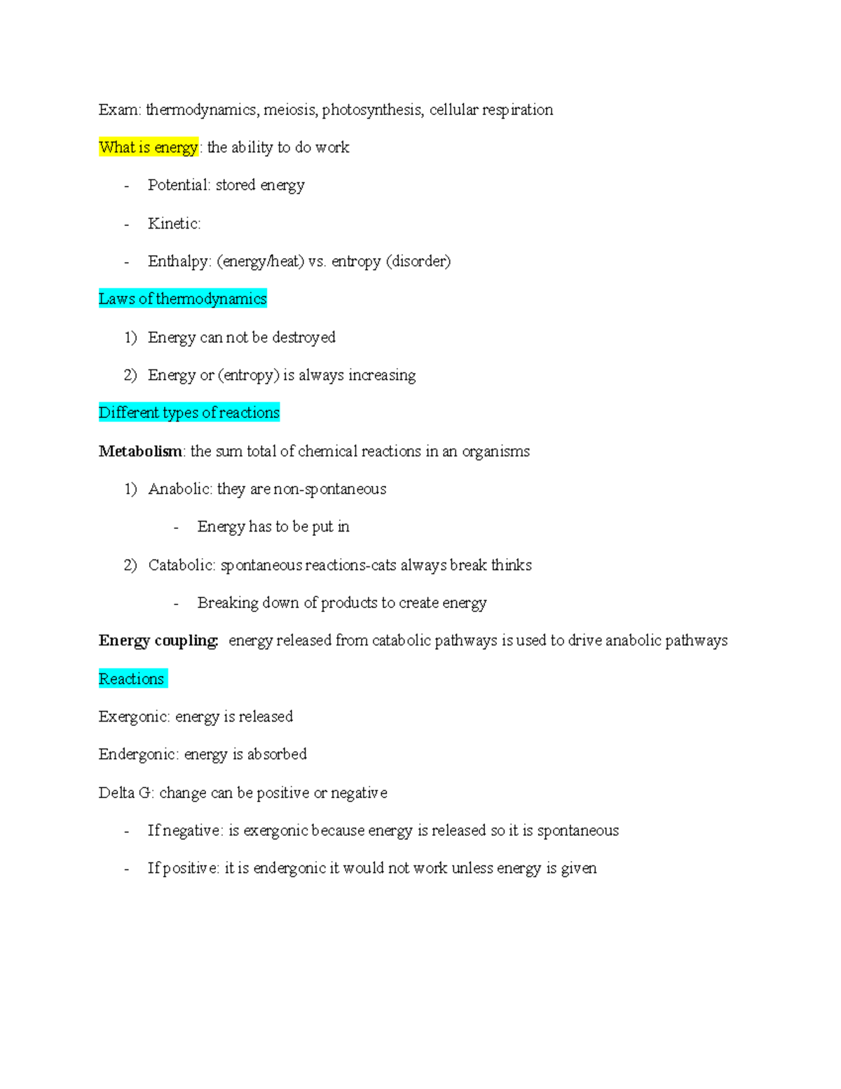 Bio Notes - Exam: thermodynamics, meiosis, photosynthesis, cellular ...