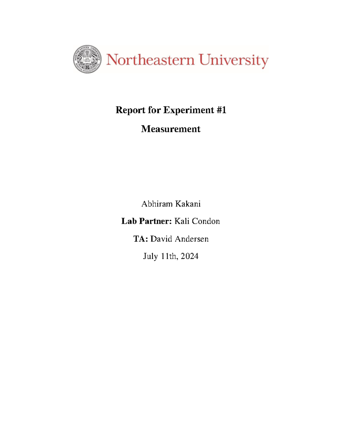 Lab Report 1 - Lab 1 - Report for Experiment # 1 Measurement Abhiram ...