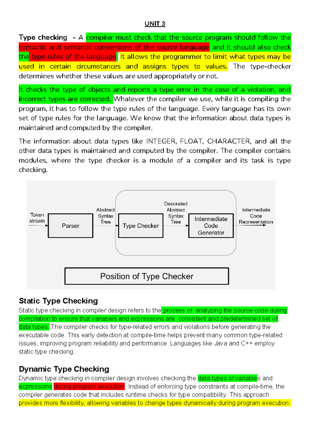 Unit 3,4,5 - ####### UNIT 3 ####### Type checking - A compiler must check that the source ...