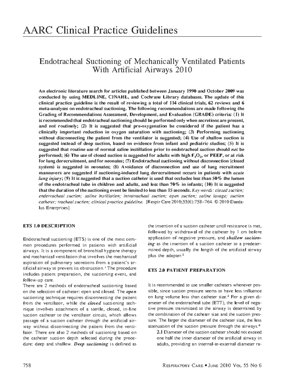 Succión endotraqueal 2010 - AARC Clinical Practice Guidelines ...