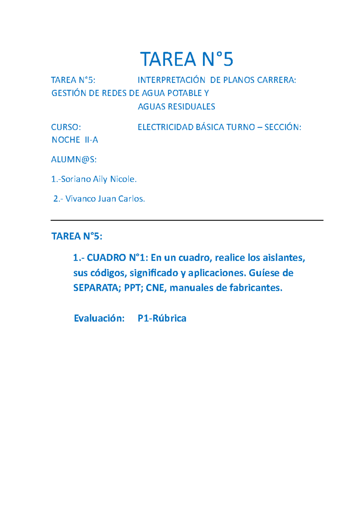 Tarea N°5 - Rúbrica N°5 Soriano Vivanco - TAREA N° TAREA N°5: INTERPRETACIÓN DE PLANOS CARRERA ...
