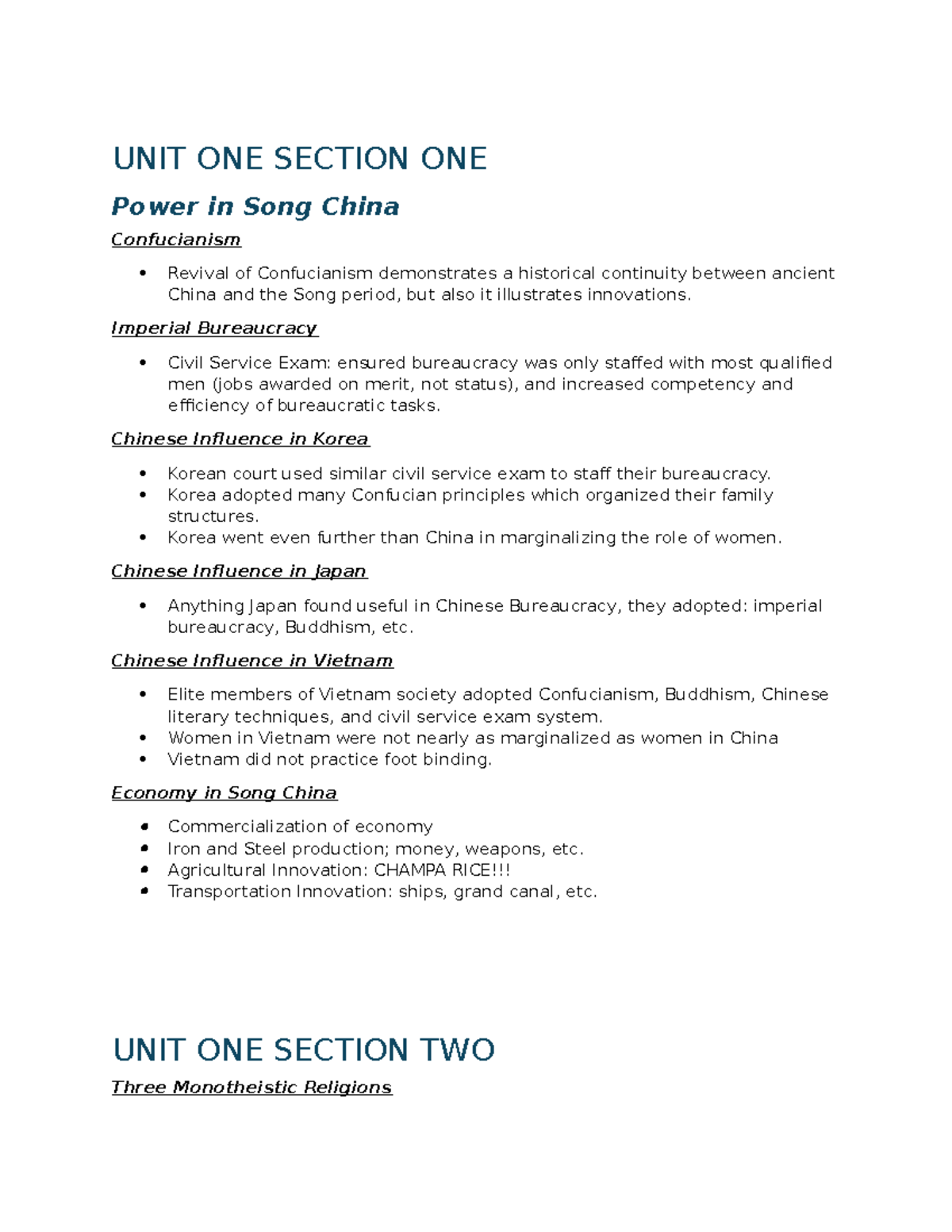 APWH Heimler Review - UNIT ONE SECTION ONE Power in Song China ...