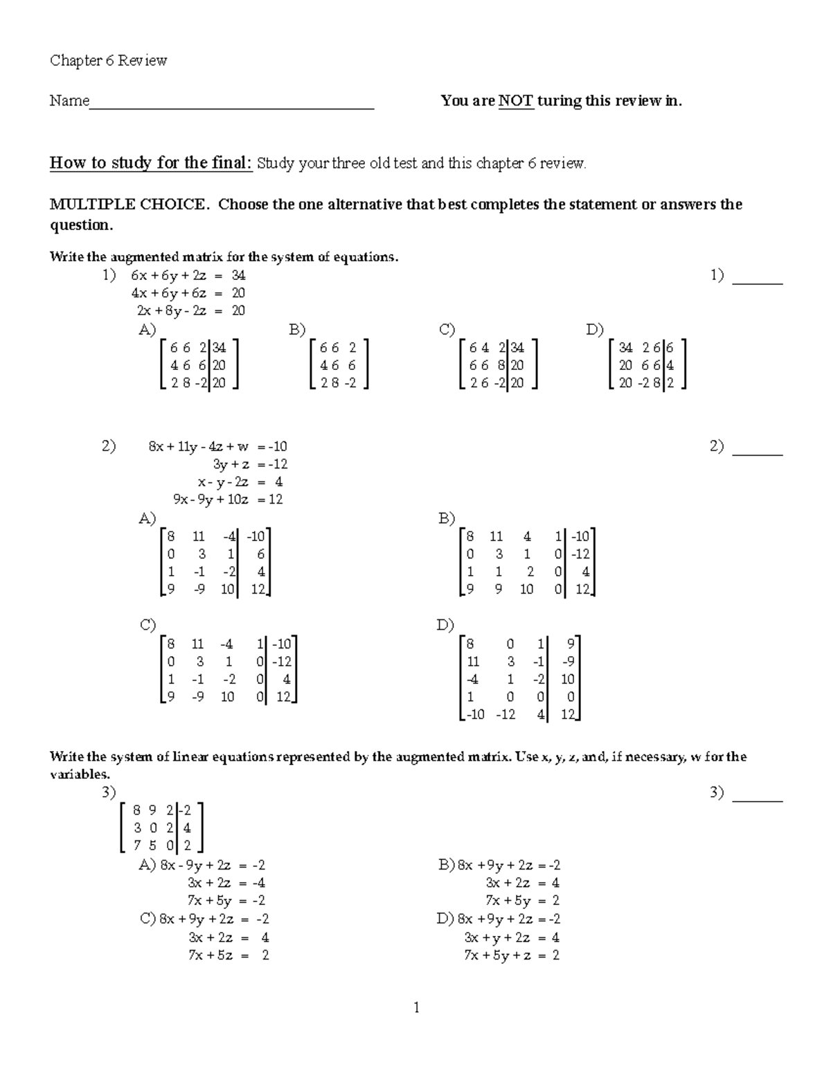 Chapter 6 Review - ekc wcdcdwcdw - Chapter 6 Review Name