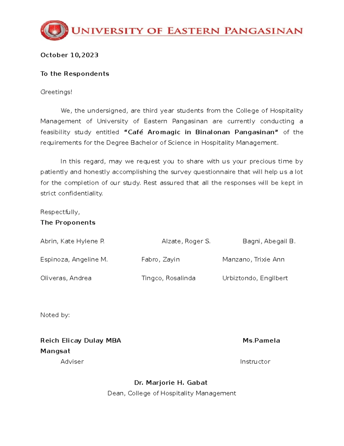 Letter for Survey - GJJHDAKls; - October 10, To the Respondents ...