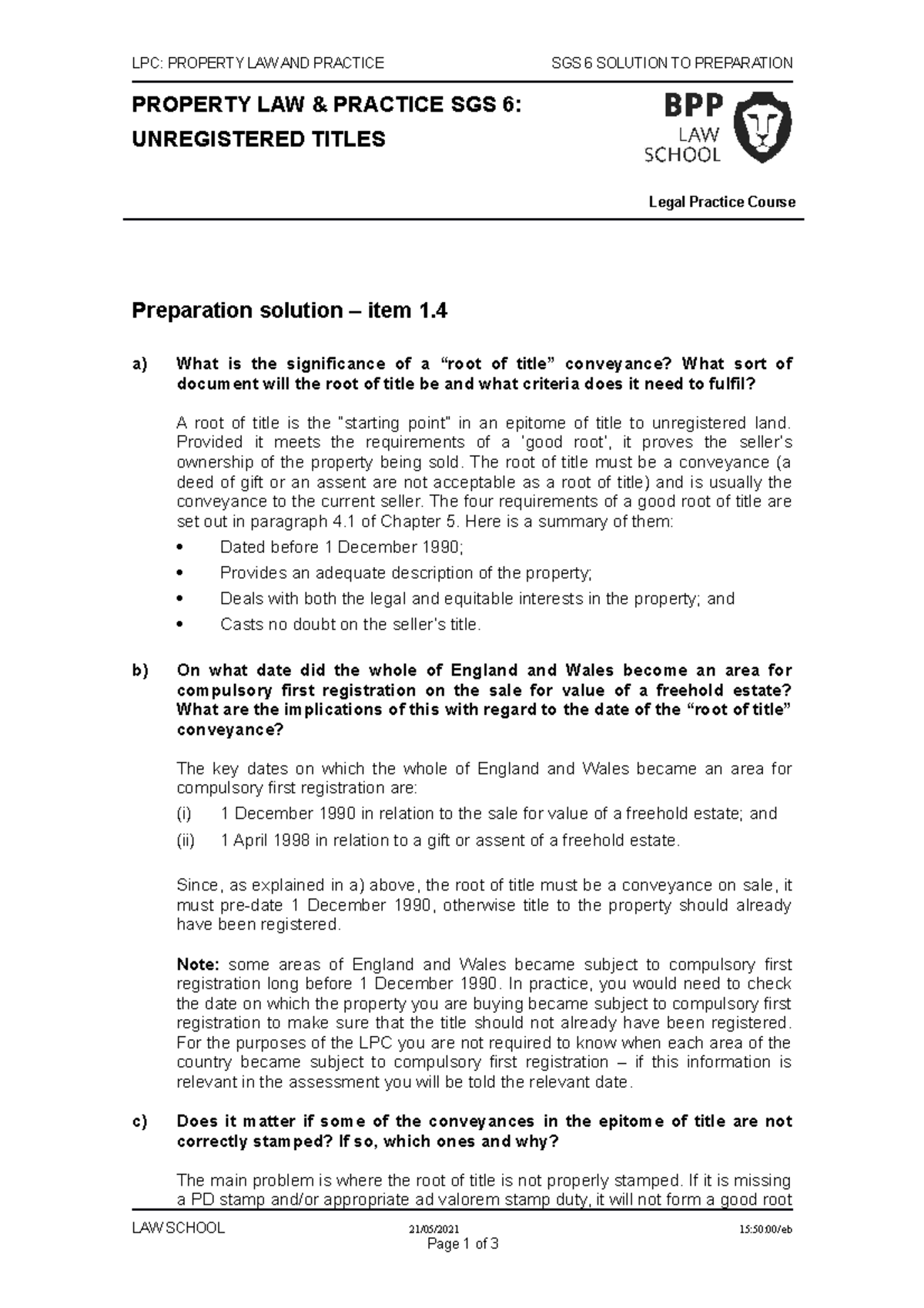 Property SGS 6 Preparation solution 2021-22 - LPC: PROPERTY LAW AND ...