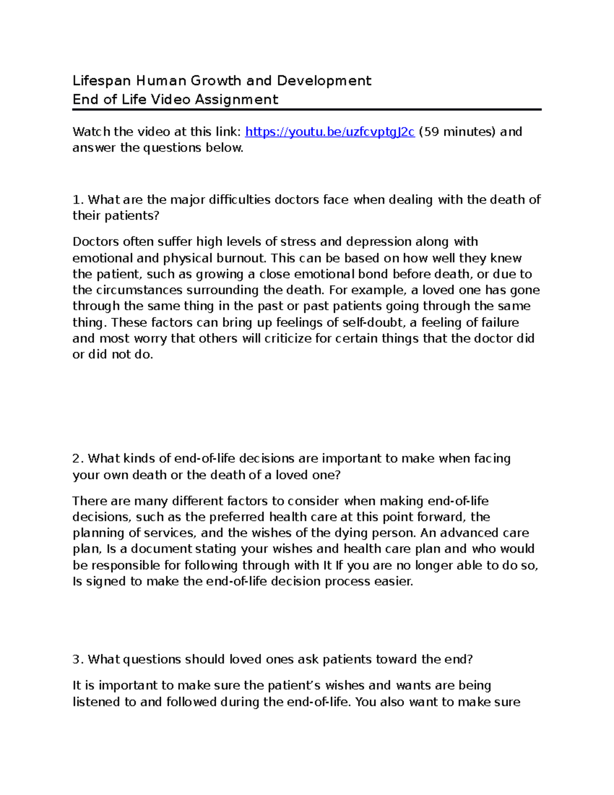 End of Life Video Assignment Template - Lifespan Human Growth and ...
