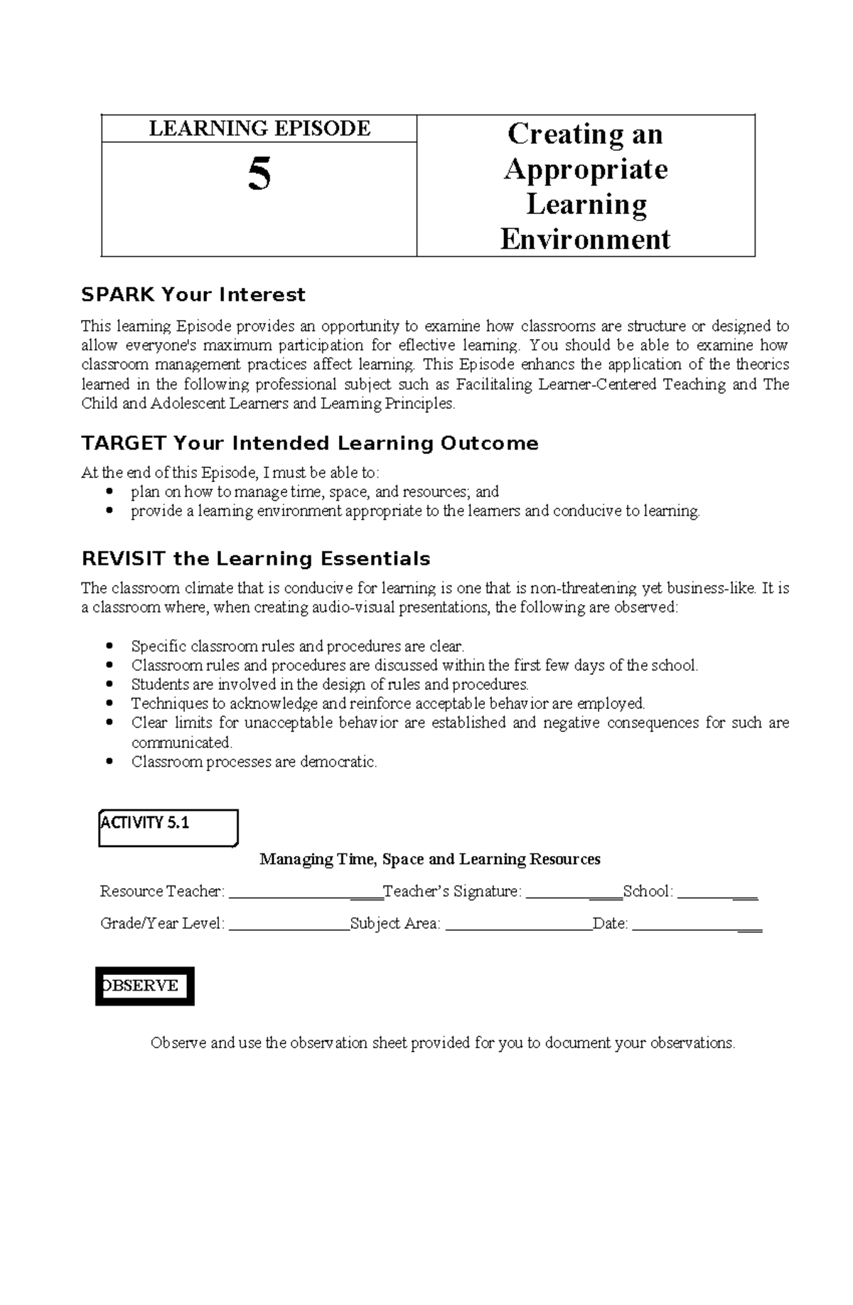 Learning- Episode-5 - guide - LEARNING EPISODE Creating an Appropriate ...