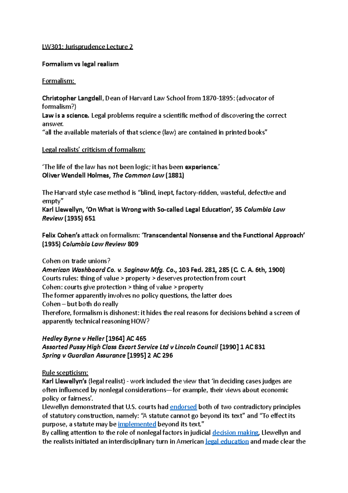 Jurisprudence 2 - Lecture 2 - LW301: Jurisprudence Lecture 2 Formalism ...