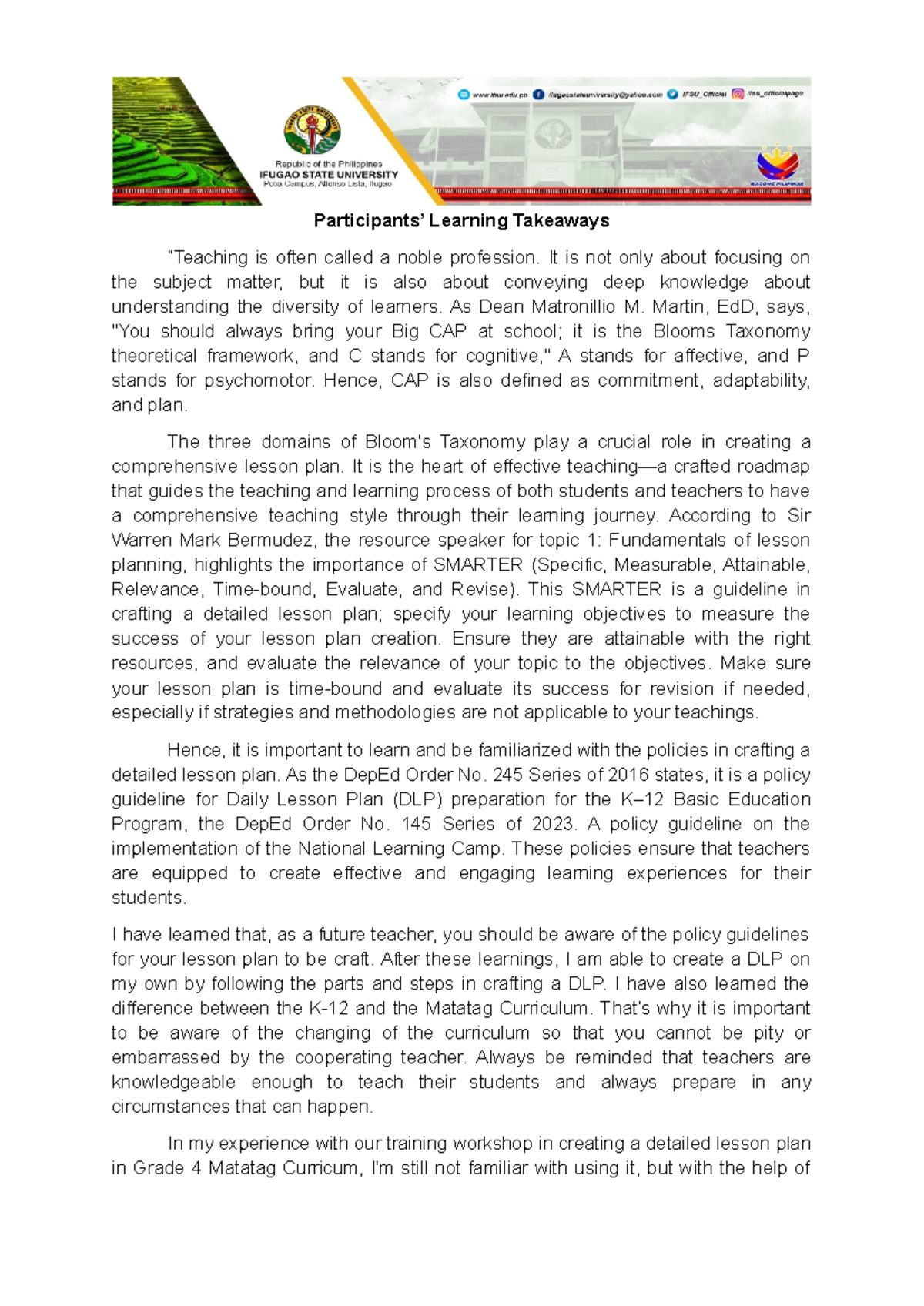 Takeaways - Participants’ Learning Takeaways “Teaching is often called ...