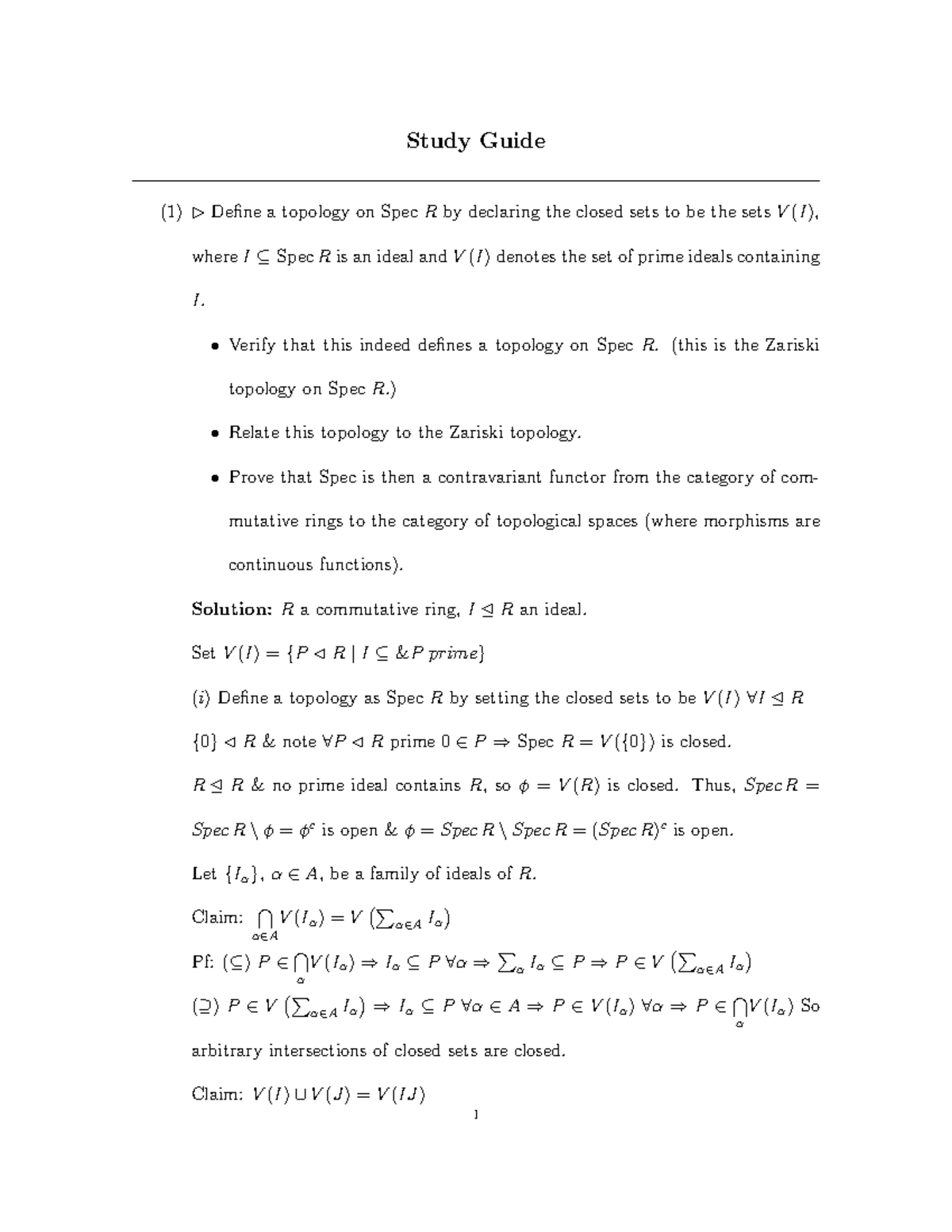 Studyguide - Zariski topology - Study Guide (1) Define a topology on ...