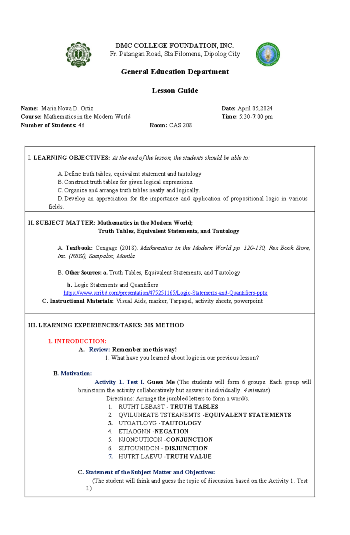 DEMO- 2ndsem 23-24 GEC-113- Logic- Statements-AND- Quantifiers - DMC ...
