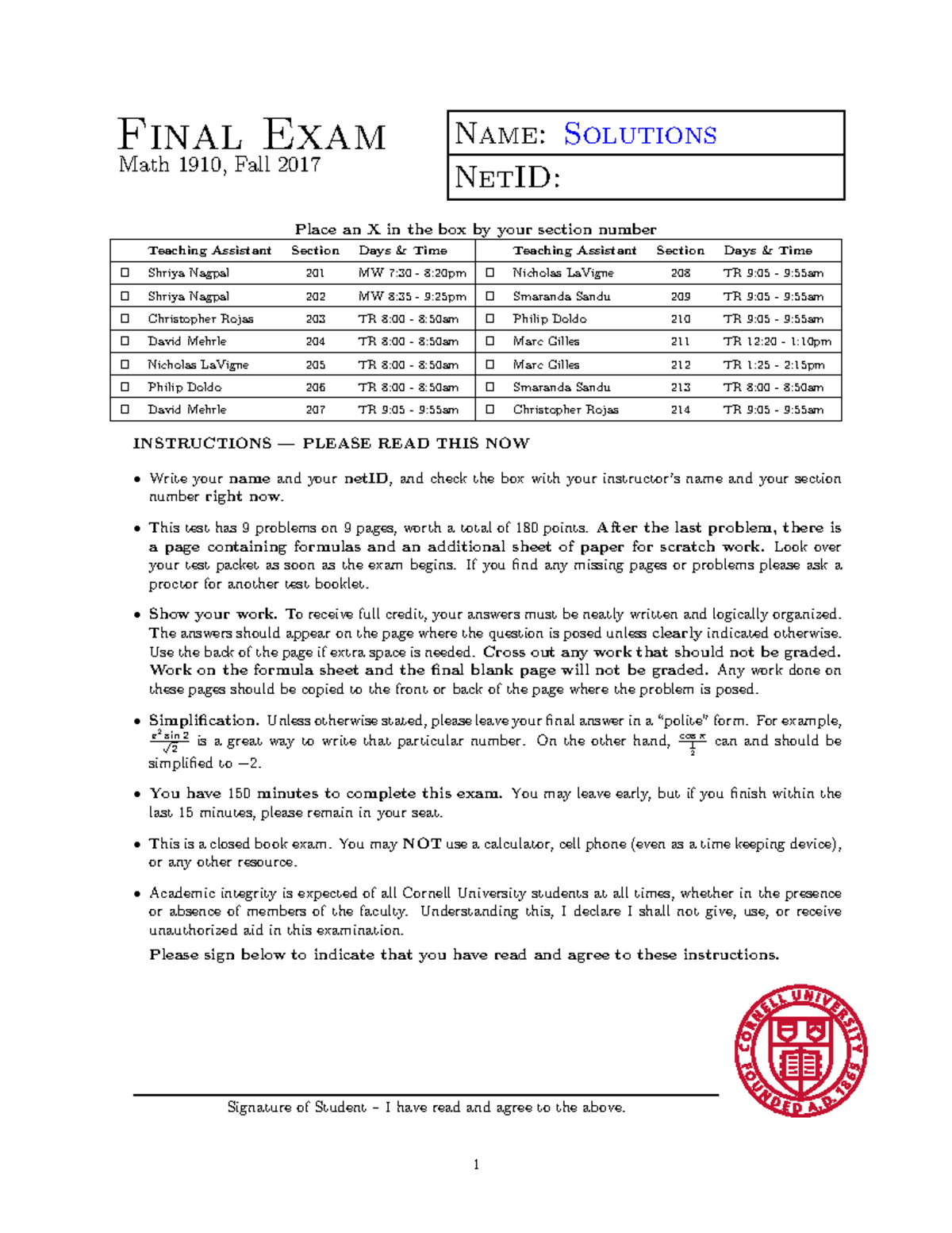 18fa 1910 final practice 1 solutions - Final Exam Math 1910, Fall 2017 ...