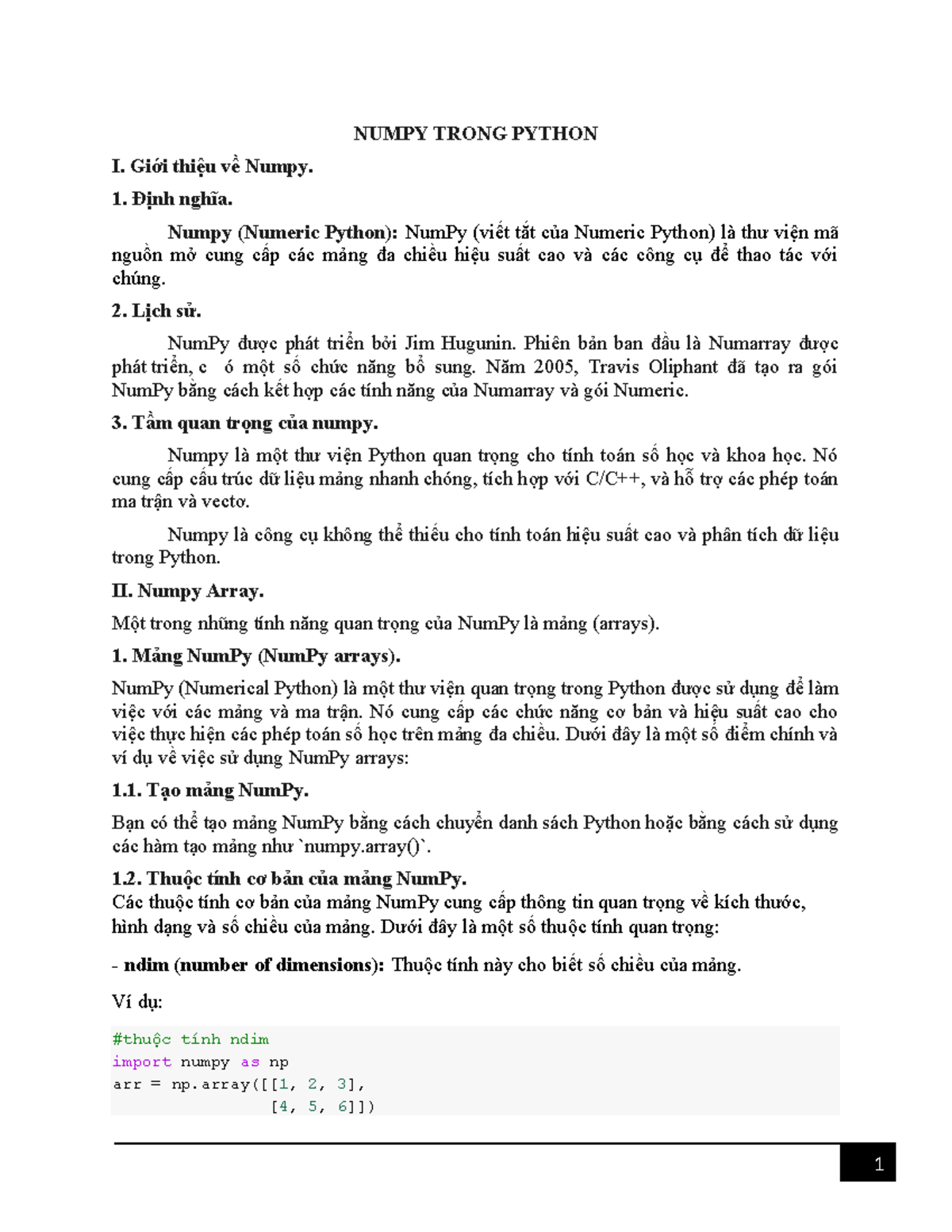 Numpy Trong Python - asdasdasd - NUMPY TRONG PYTHON I. Giới thiệu về Numpy. 1. Định nghĩa. Numpy ...