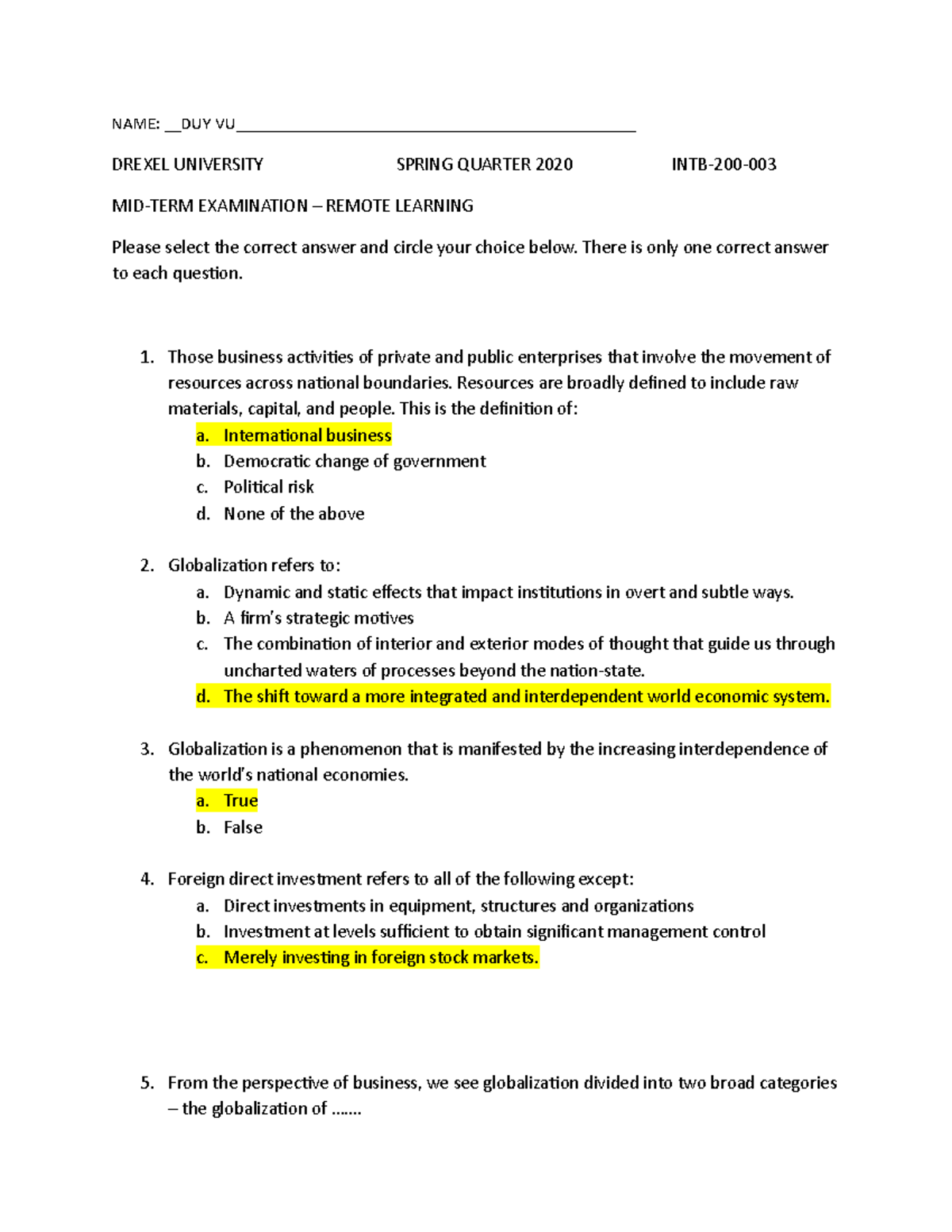 Midterm EXAM Spring 2020 - Remote Learning - NAME: DUY - Studocu
