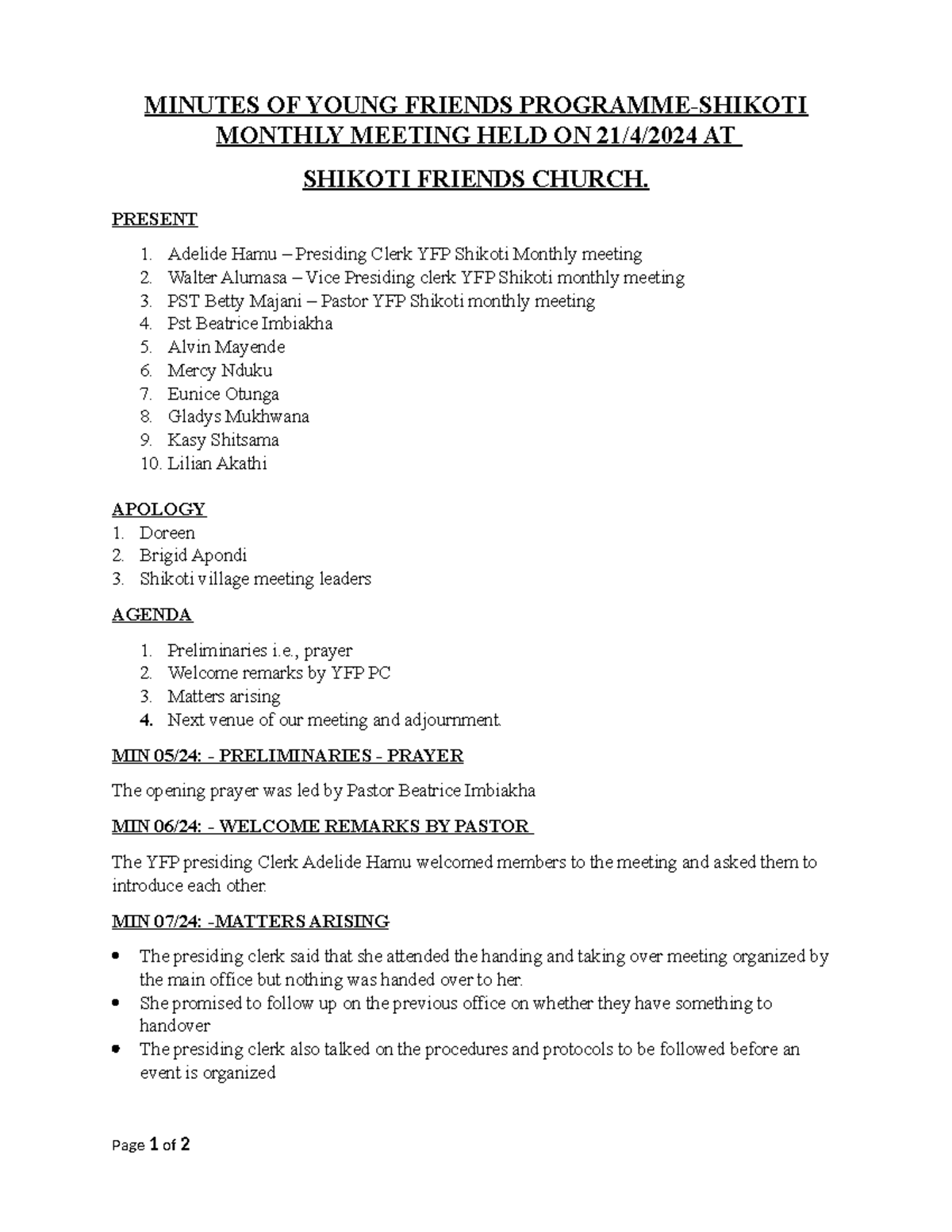 Minutes OF Young Friends Programme ON 21ST - MINUTES OF YOUNG FRIENDS ...