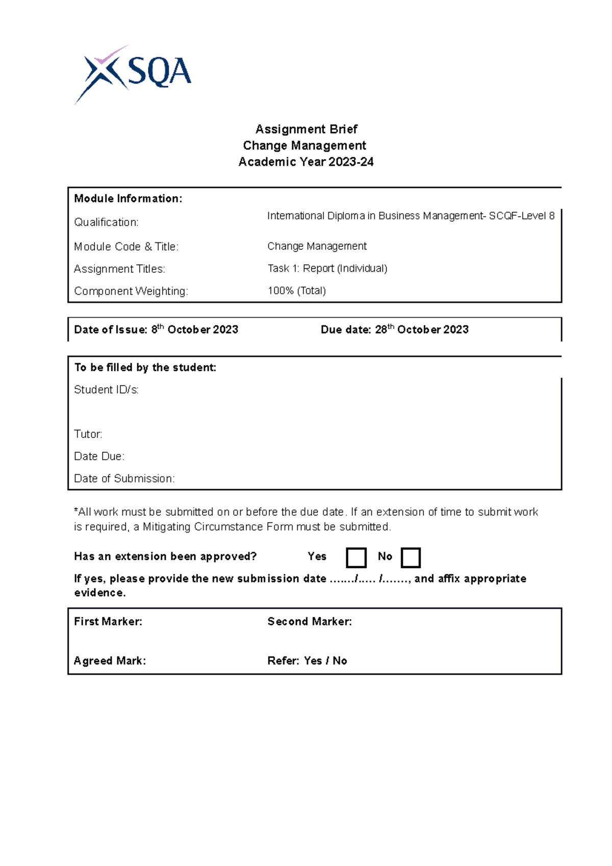 Assignment - SQA L08 - Change Management August 2023 - Assignment Brief ...