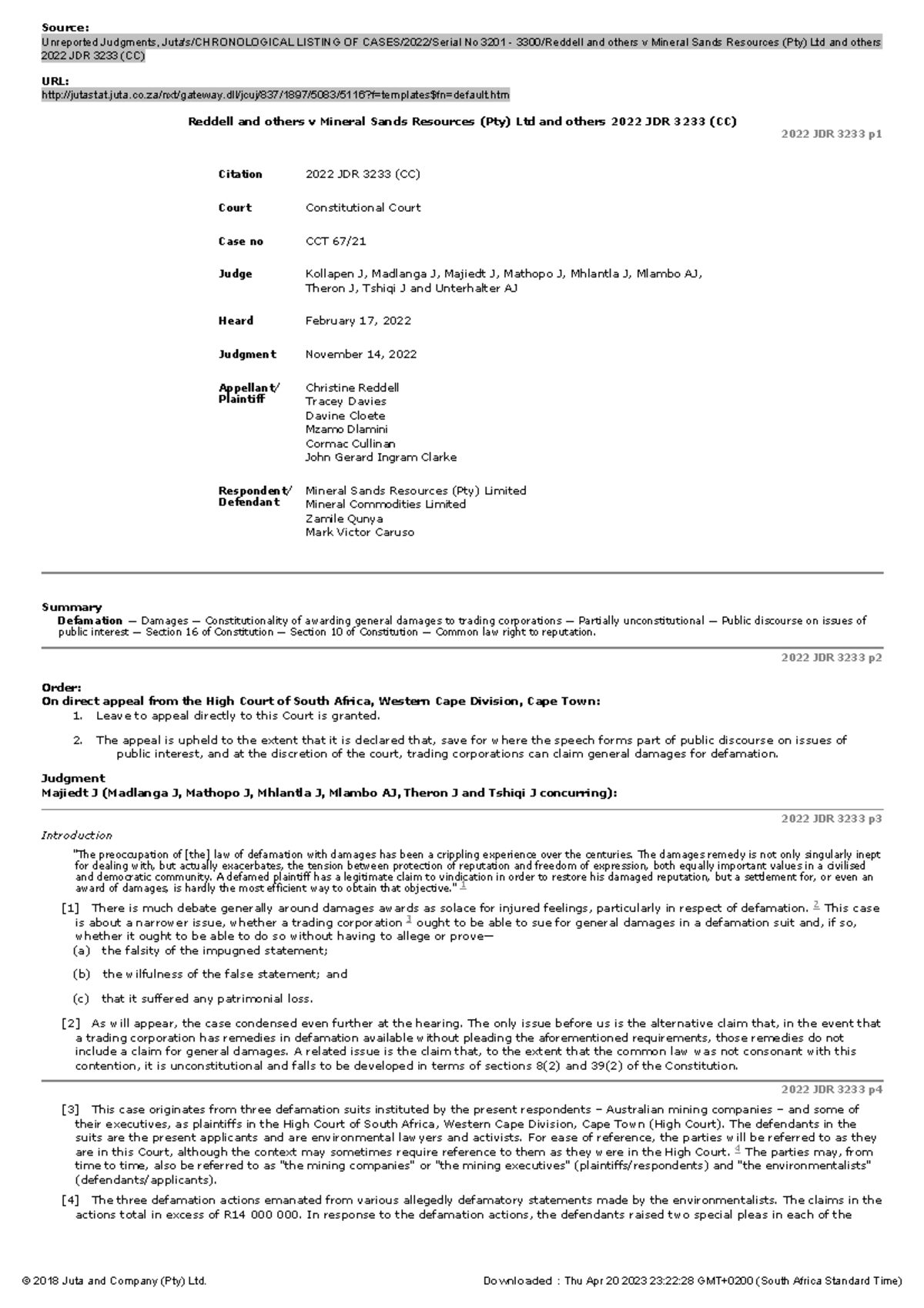 Reddell and others v Mineral Sands Resources (Pty) Ltd and others 2022 ...