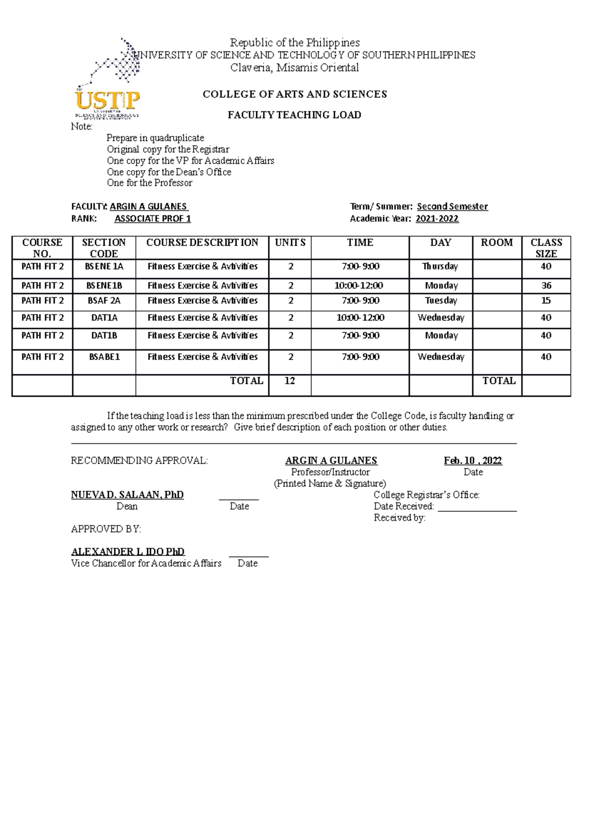 WORK Load 2nd sem 2021-2022 - Republic of the Philippines UNIVERSITY OF ...