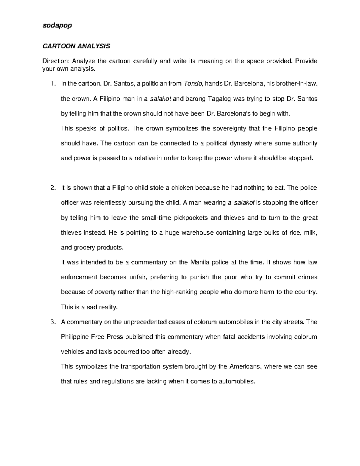 RPH Cartoon Analysis - sodapop CARTOON ANALYSIS Direction: Analyze the ...