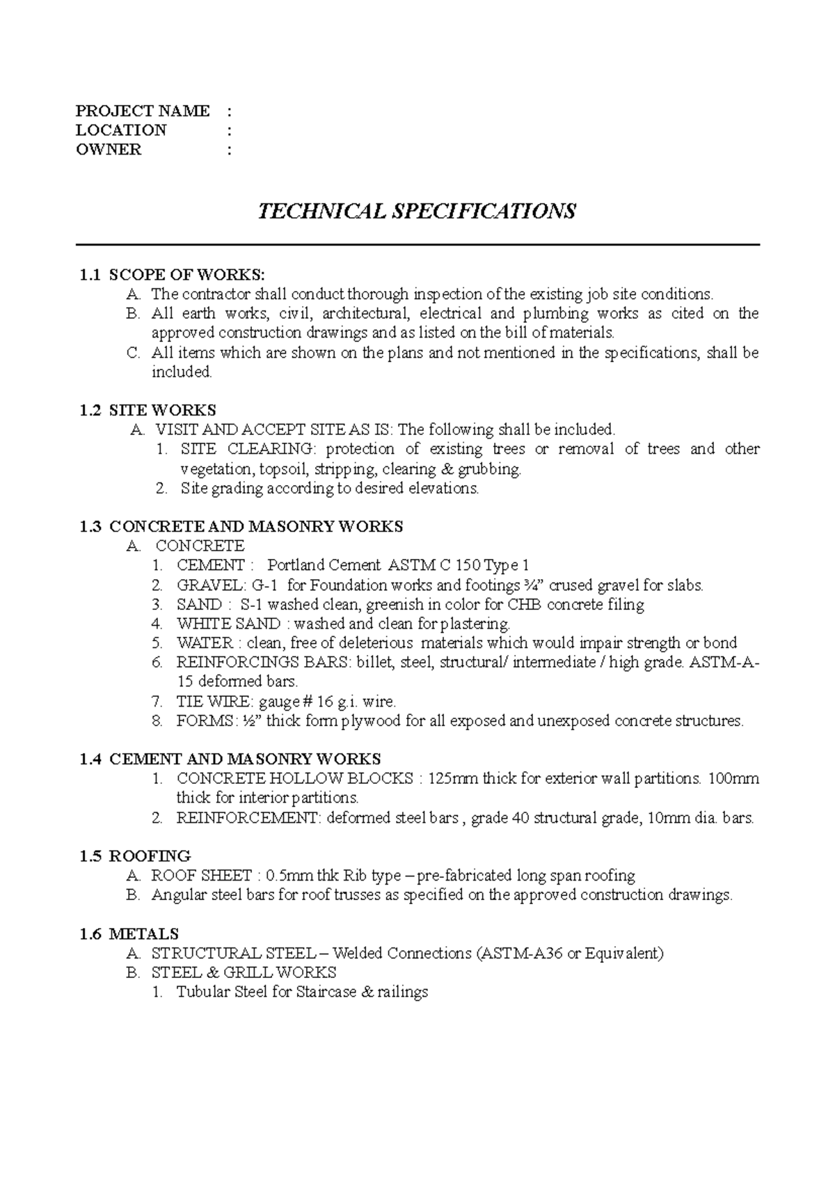 Technical Specifications - PROJECT NAME : LOCATION : OWNER : TECHNICAL ...