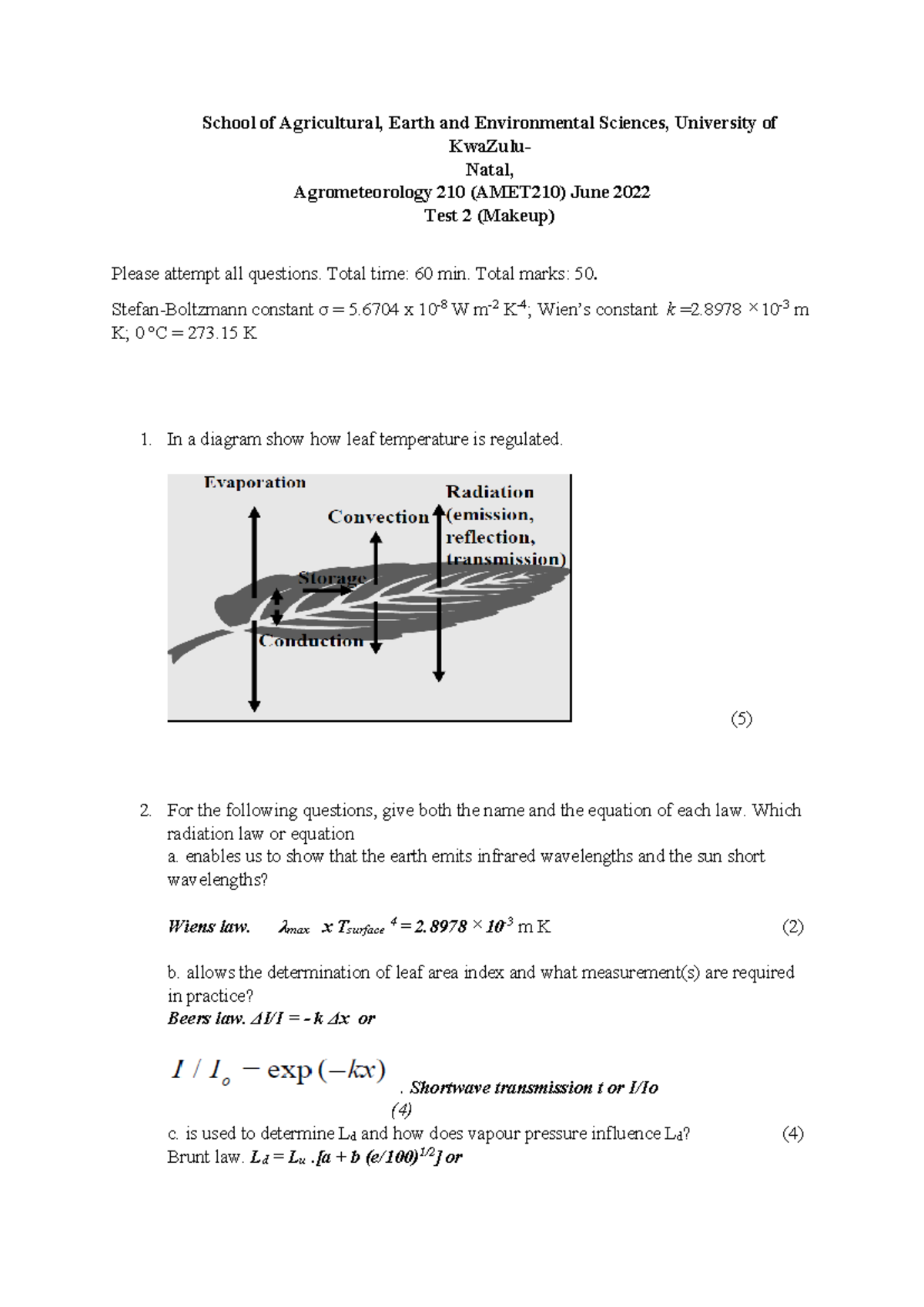 Make Up Test 2 Model Answer School Of Agricultural Earth And