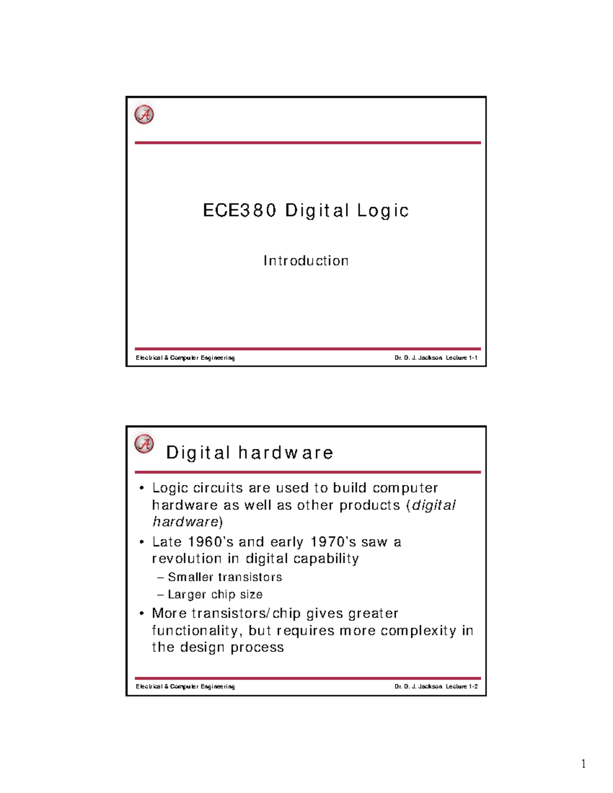 Lec 1 - Introduction - ECE380 Digital Logic Introduction Electrical Computer Engineering Dr. D ...