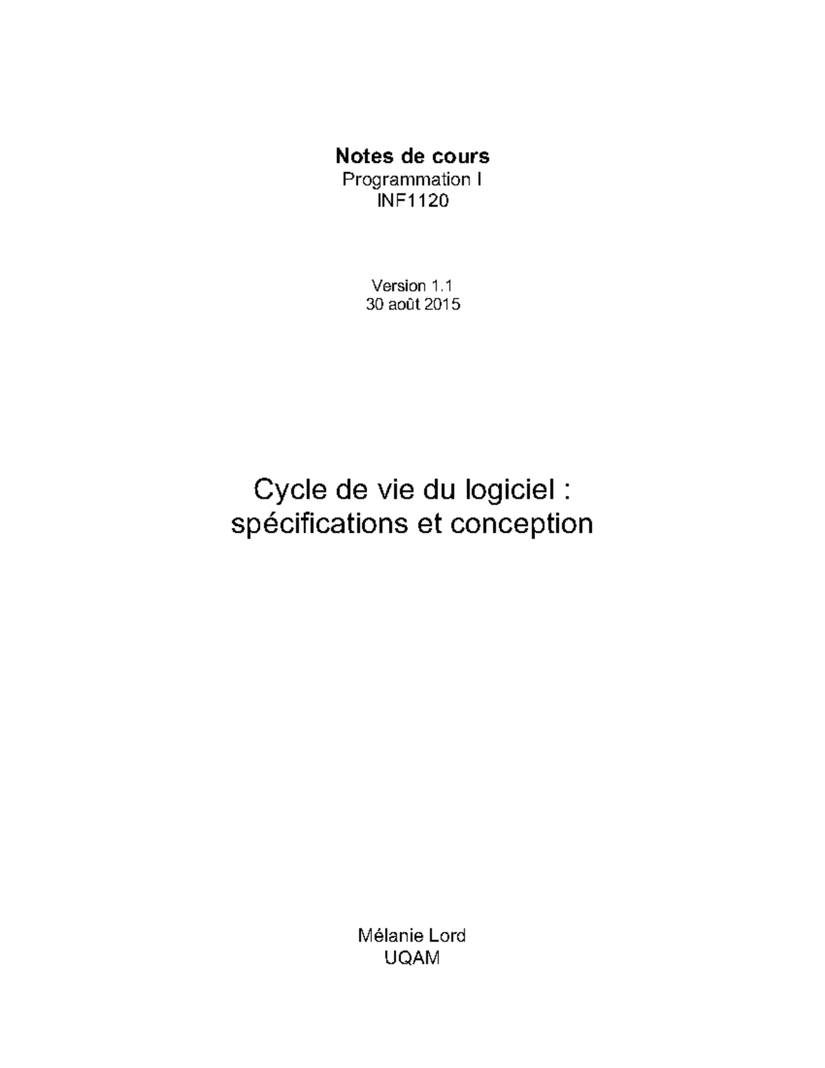 Notes Cours Intro Conception v1 - Notes de cours Programmation I INF ...