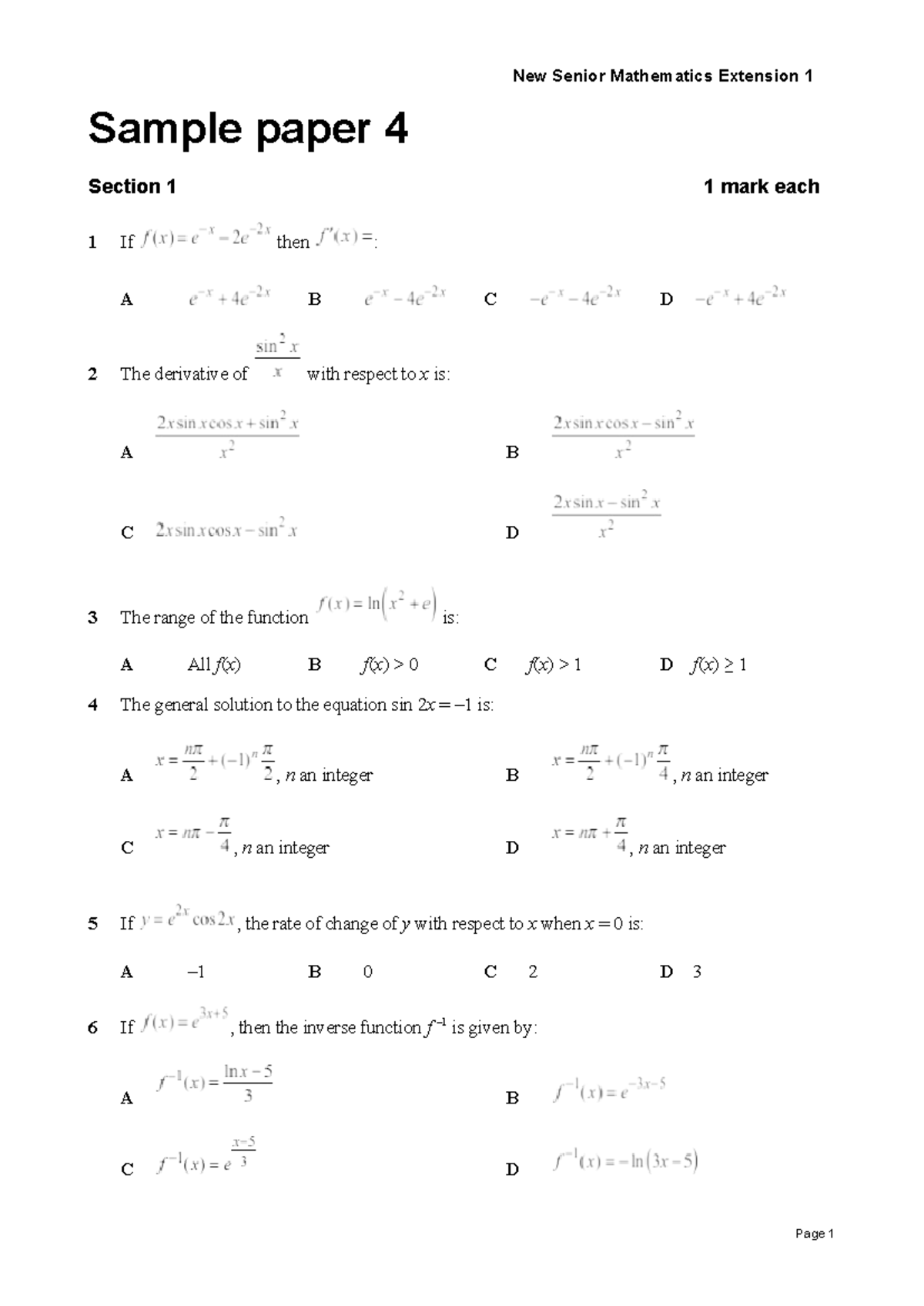Ext 1 Sample Exam 4 - Practice Exam - Sample paper 4 Section 1 1 mark ...