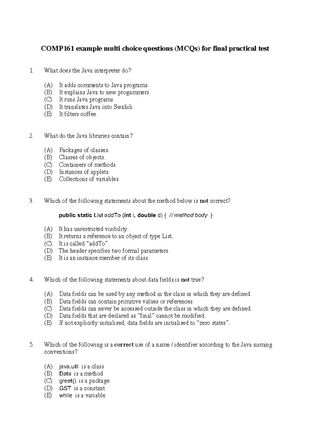 161Prac2MCQexamples - cheat sheet - COMP161 example multi choice ...